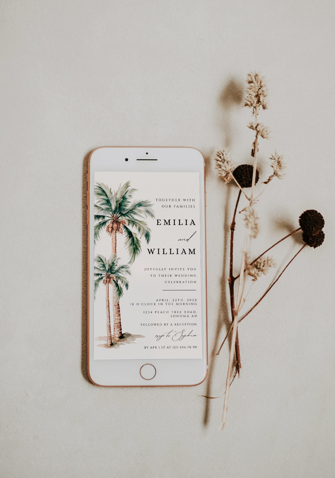Electronic Tropical Wedding Invitation Template, Palm Trees Wedding ...