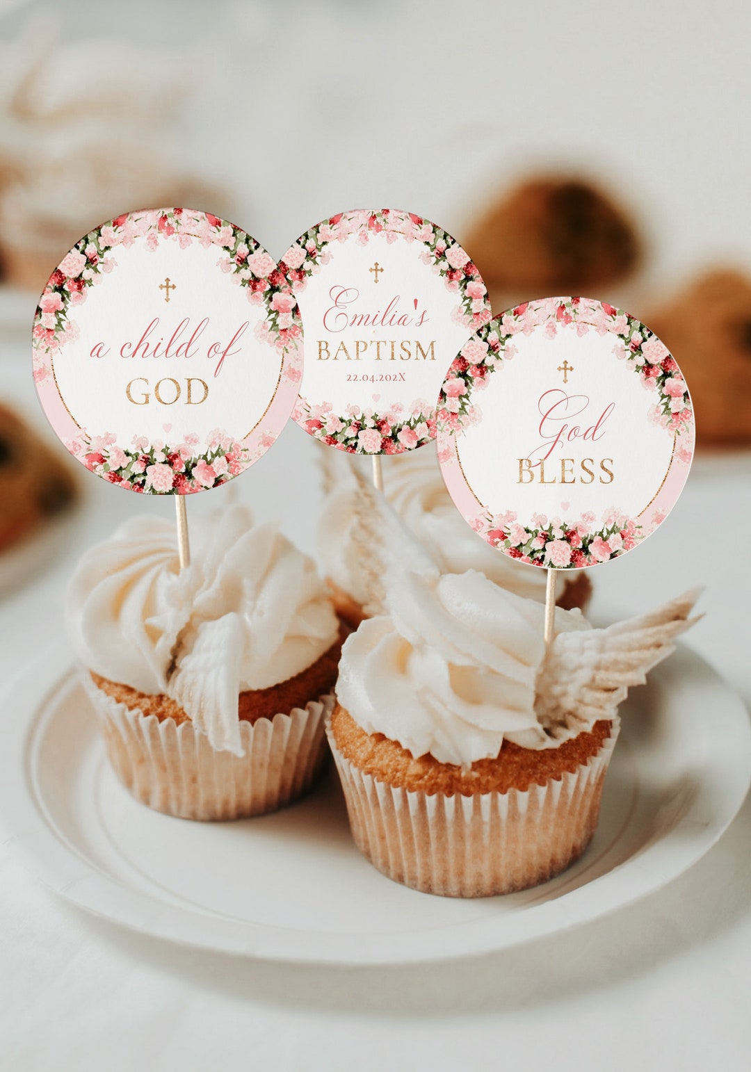 Editable Pink Gold Baptism Cupcake Topper Labels, Round Cupcake Toppers ...