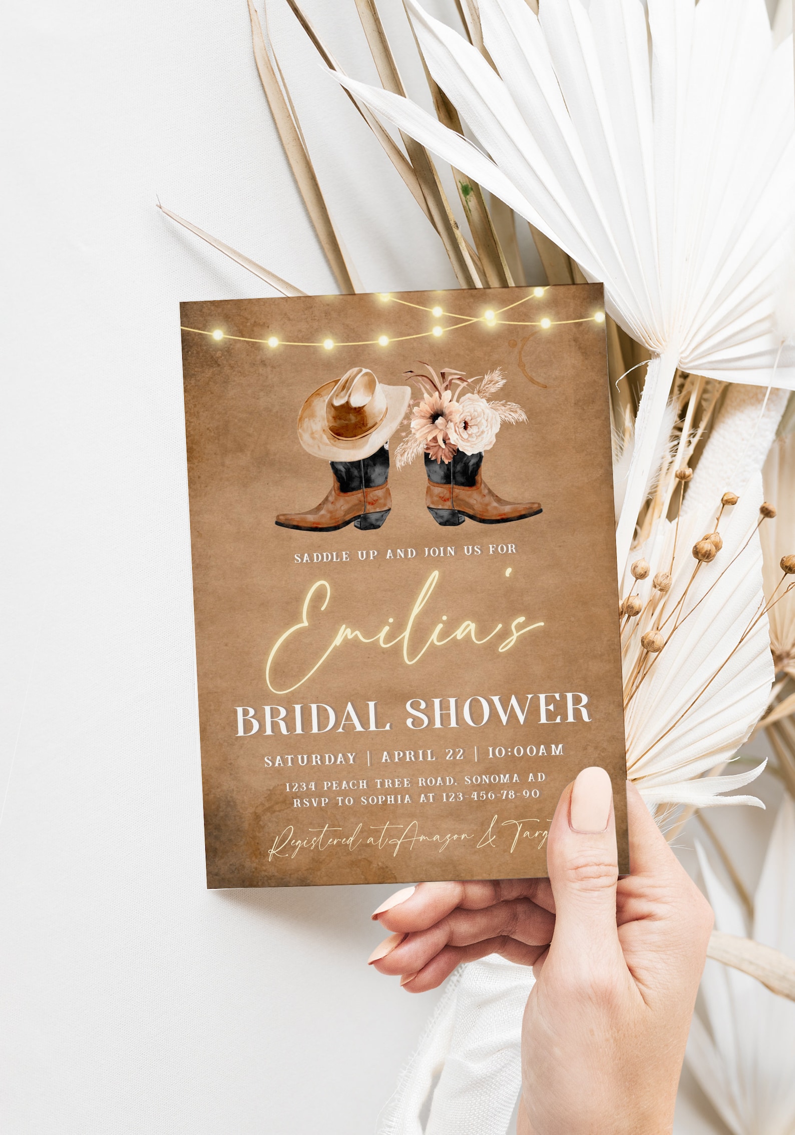 Country Western Bridal Shower Invitation Template, Pampas Floral ...