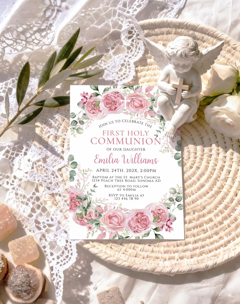 Editable Boho First Holy Communion Girl Invitation: Watercolor Dusty ...