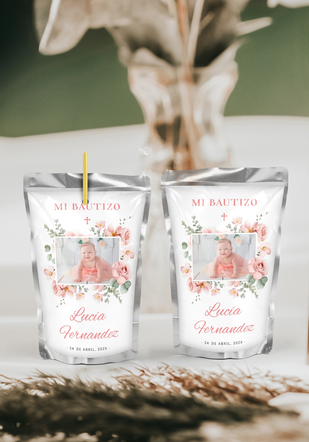 Blush Pink Flowers Baptism Juice Pouch Labels With Photo Baby Girl in ...