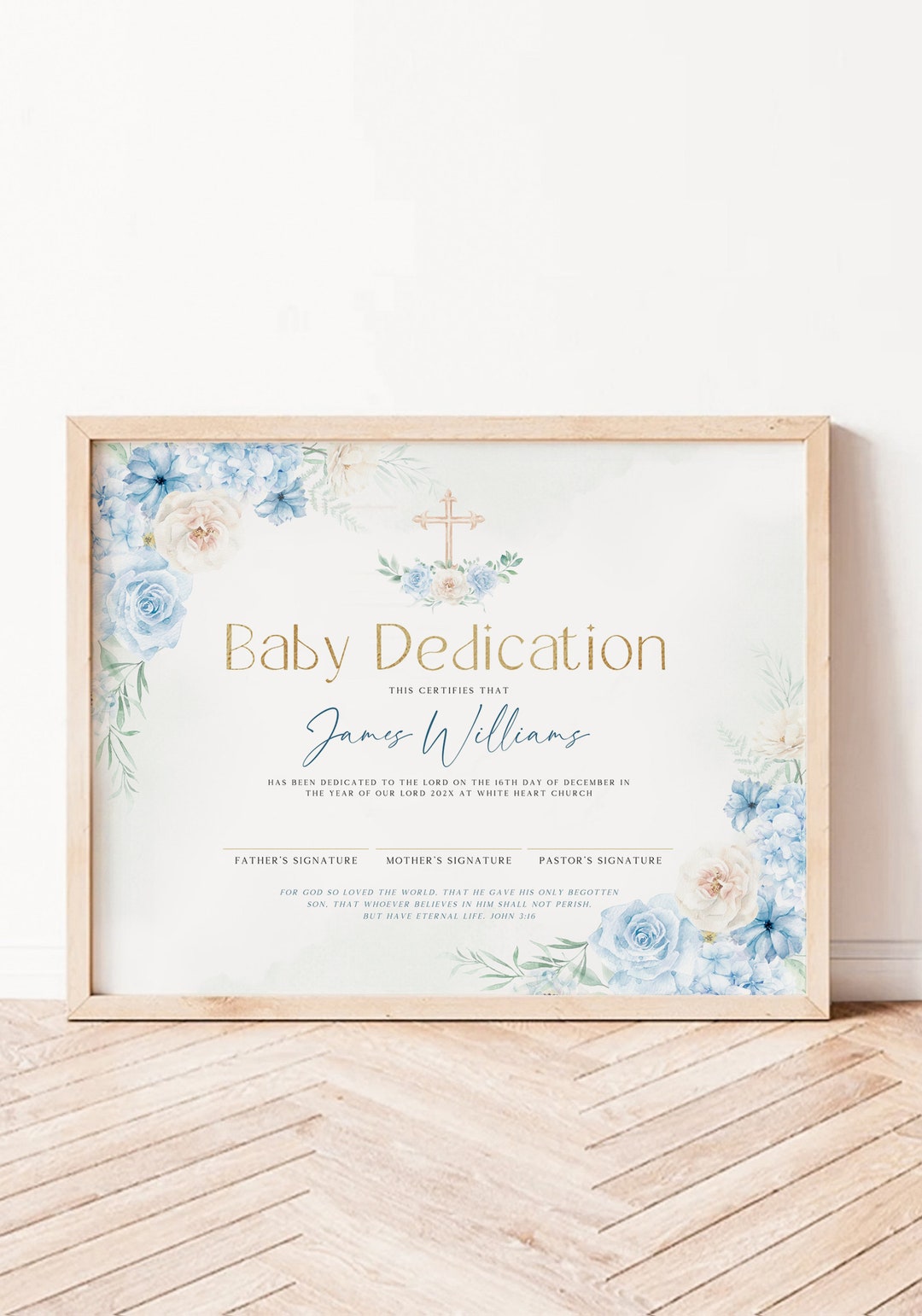 Editable Baby Dedication Baptism Certificate, Blue Air Roses & Golden ...