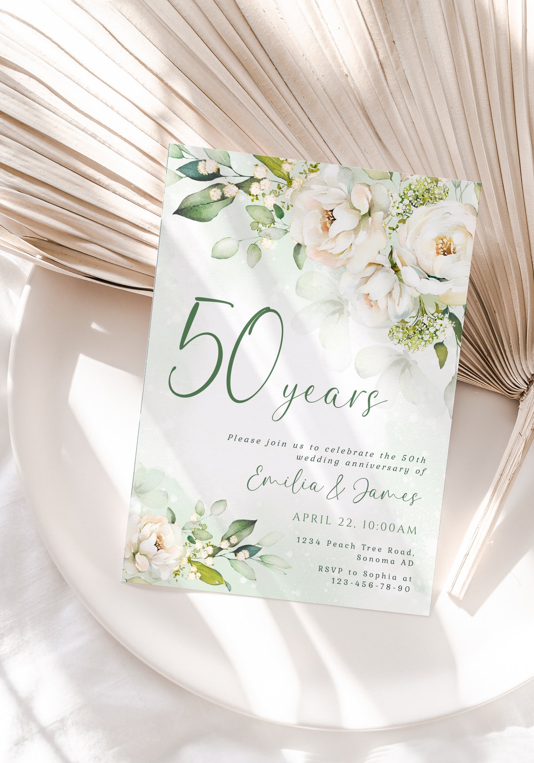 White Flowers 50 Years Wedding Anniversary Party Invite, Boho White Green Wedding Anniversary ...
