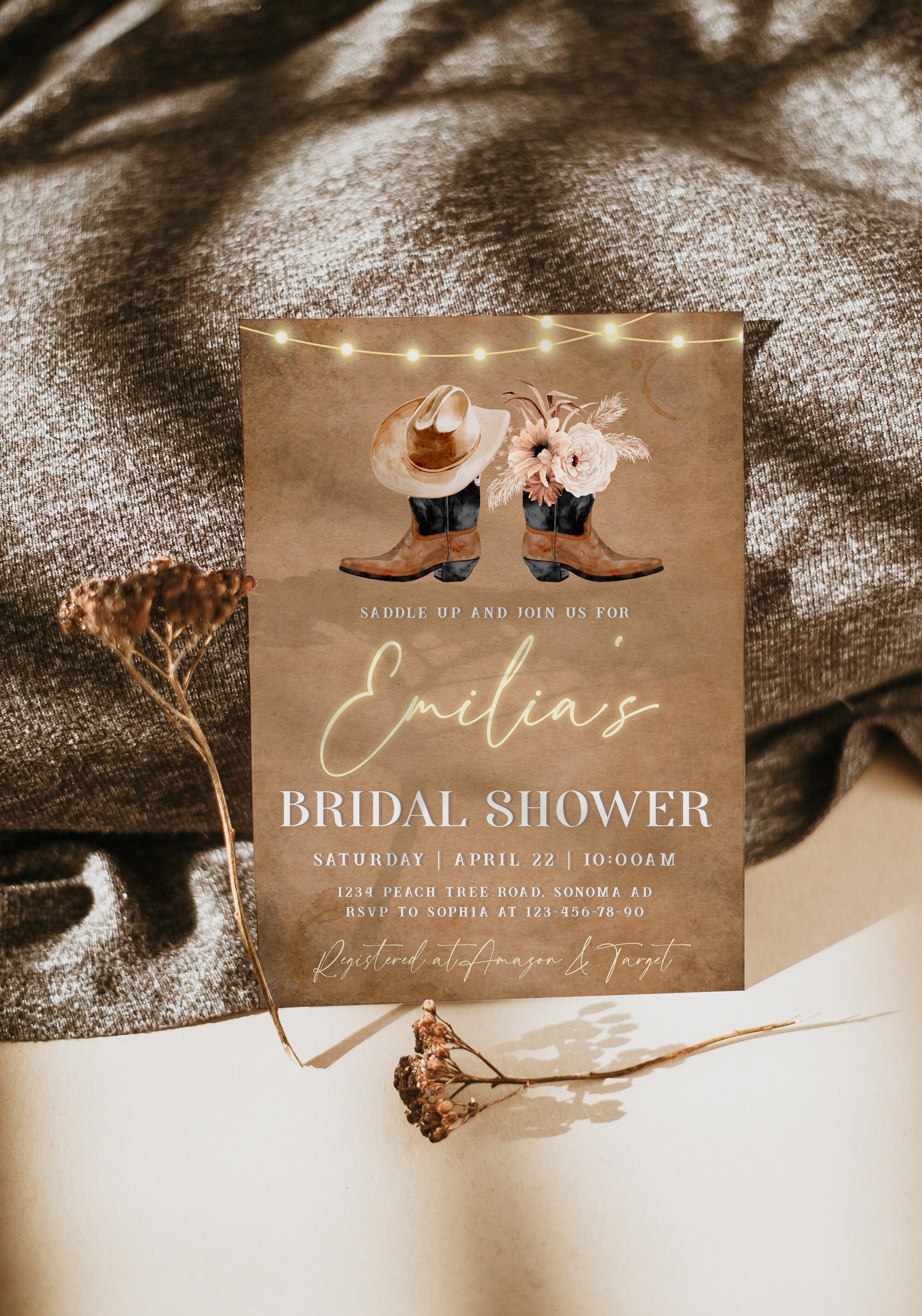 Country Western Bridal Shower Invitation Template, Pampas Floral ...