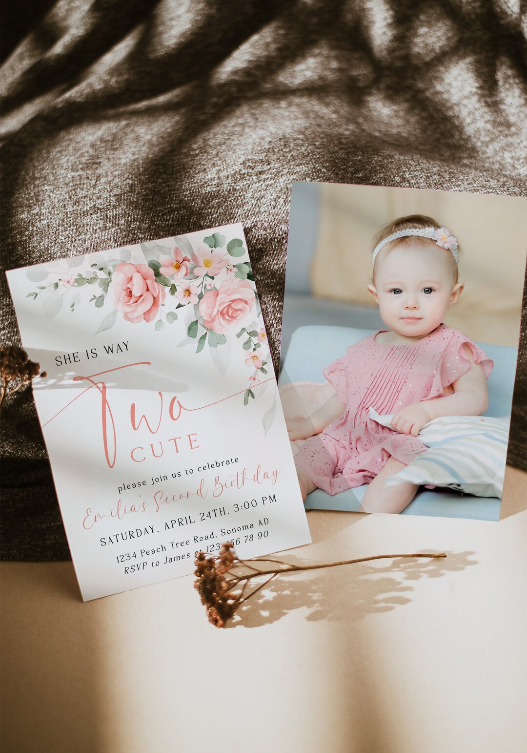 She is Way Two Cute Birthday Party Invite, Watercolor Boho Pink Floral ...