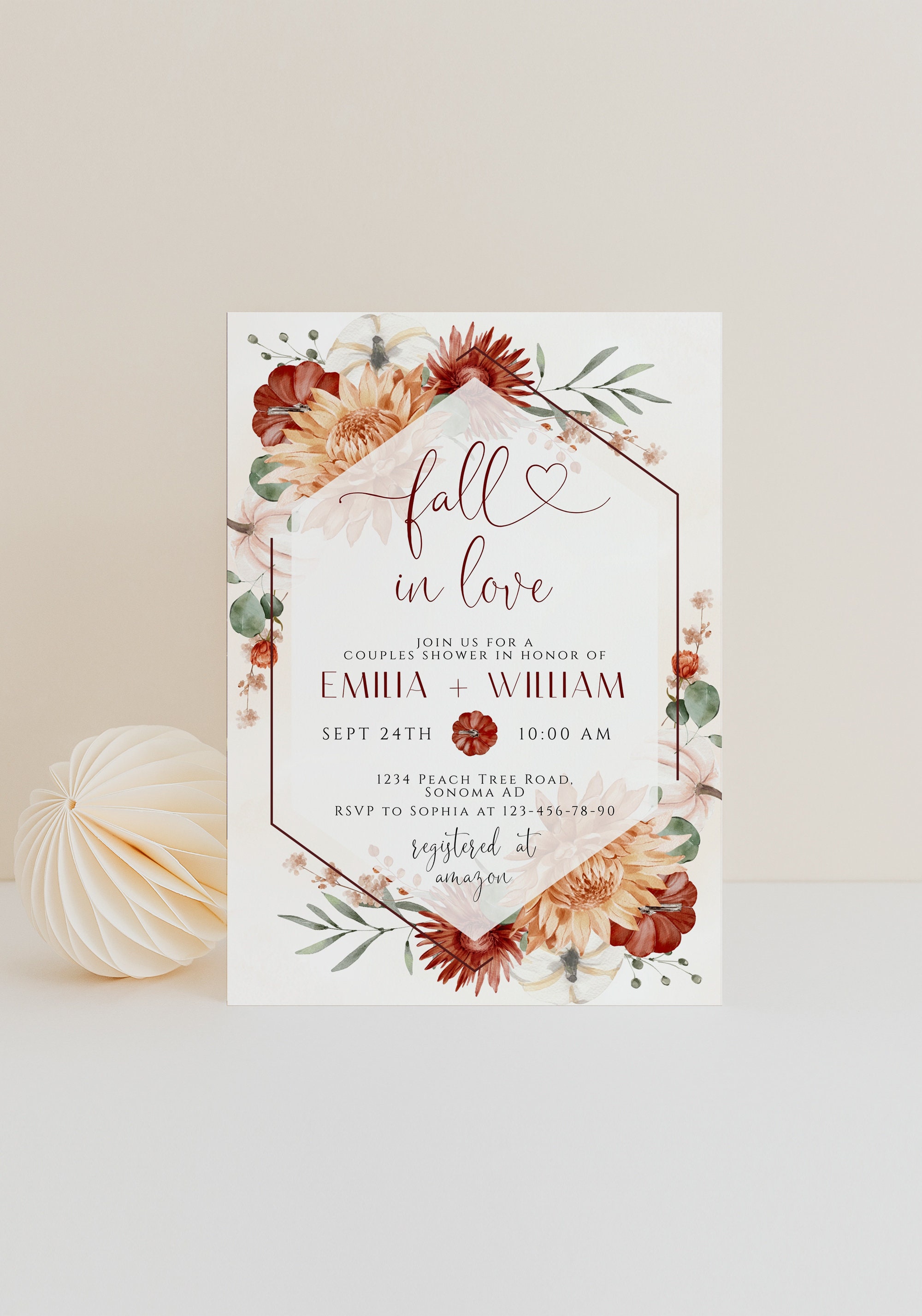 Fall in Love Bridal Party Invite, Autumn Burnt Orange Flowers Editable ...