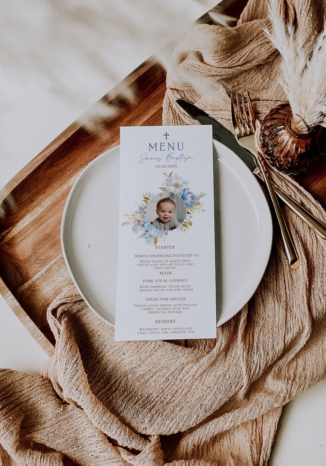 Editable Boy Baptism Menu With Photo, Modern Personalised Christening ...