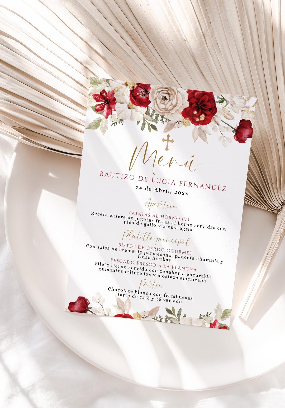Girl Baptism Party Menu Card Spanish Template: Boho, Ruby White ...
