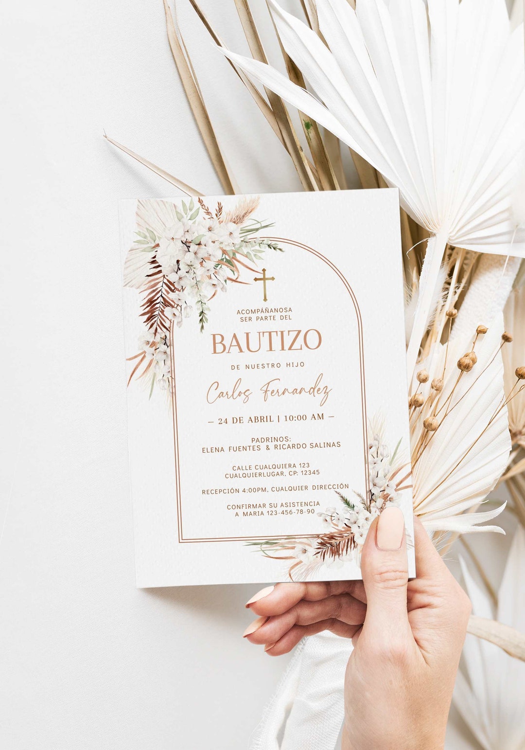 Beige Arch Bautizo Invitation Printable in Spanish, Flores Blancas ...