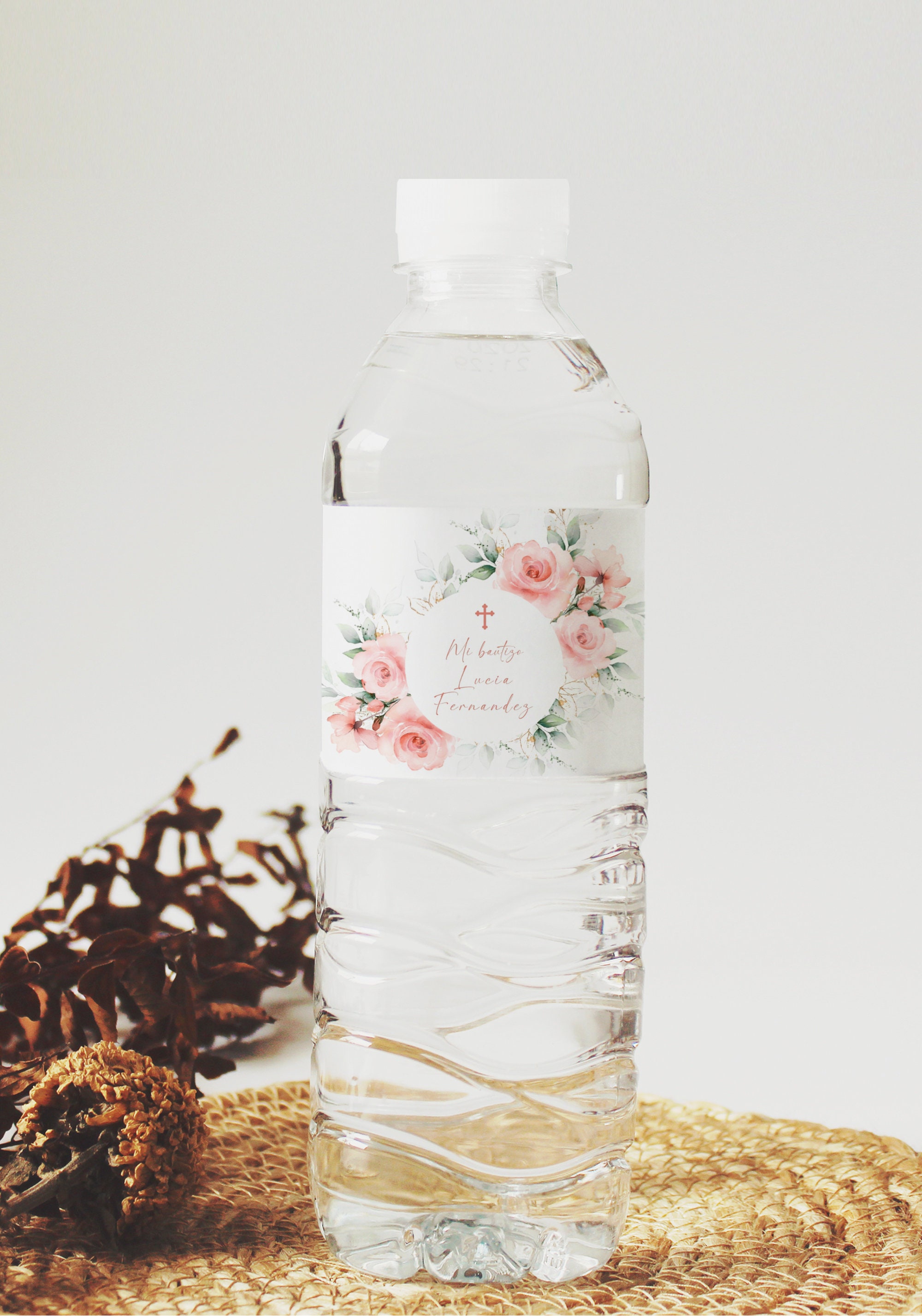 Hot Pink Floral Water Bottle Label for Girl Baptism Spanish Template ...