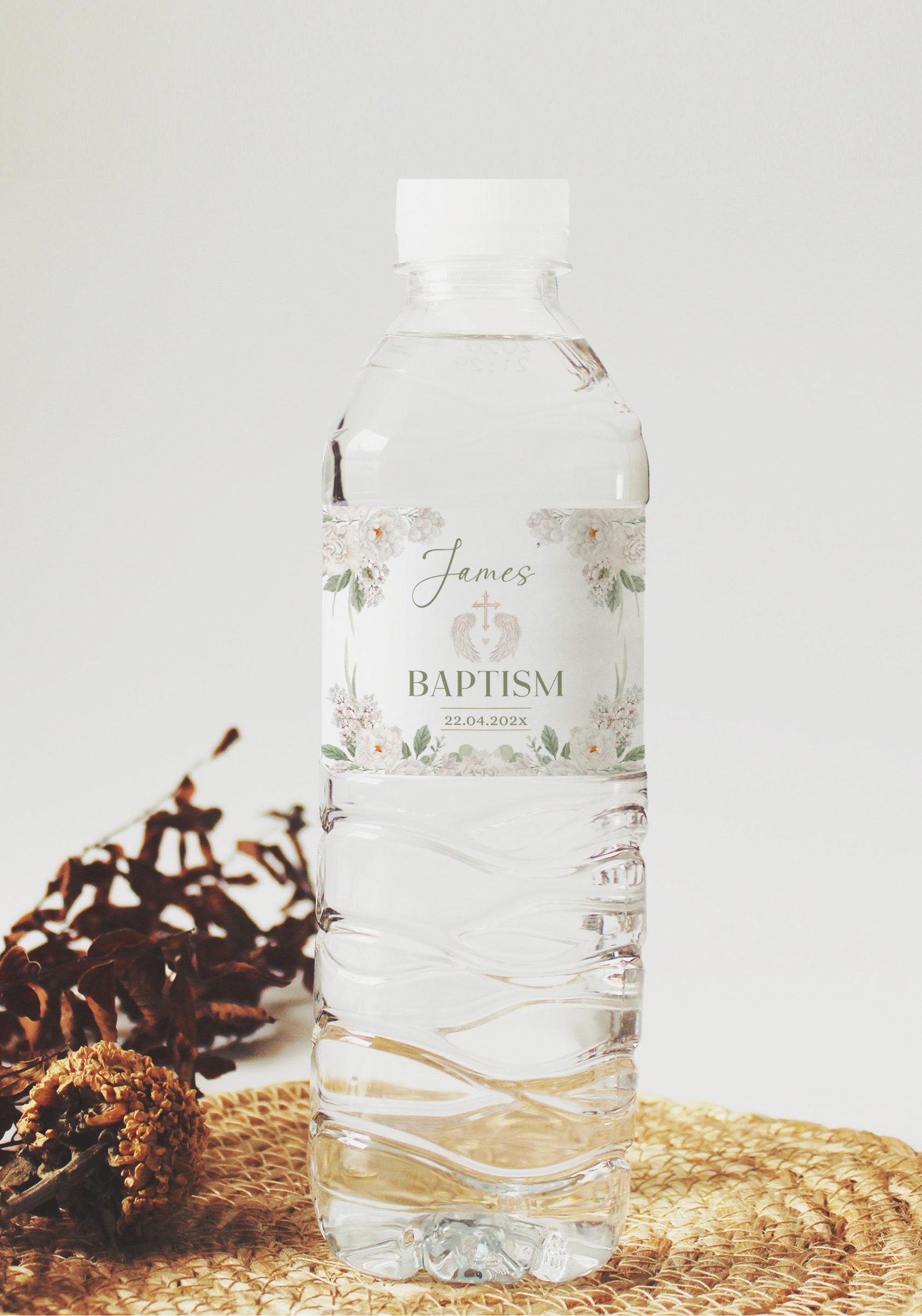 White Roses Baptism Water Bottle Label Template, Christening Boy Girl ...