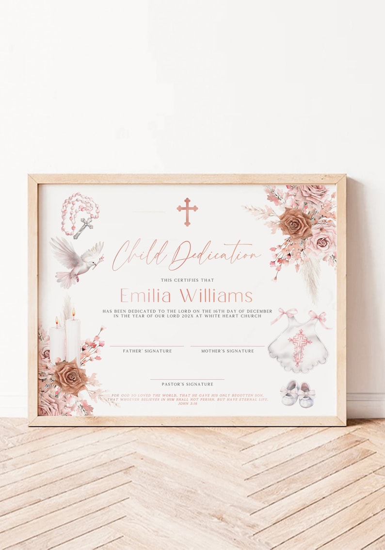 Child Dedication Certificate Printable, Boho Pink Beige Flowers and ...