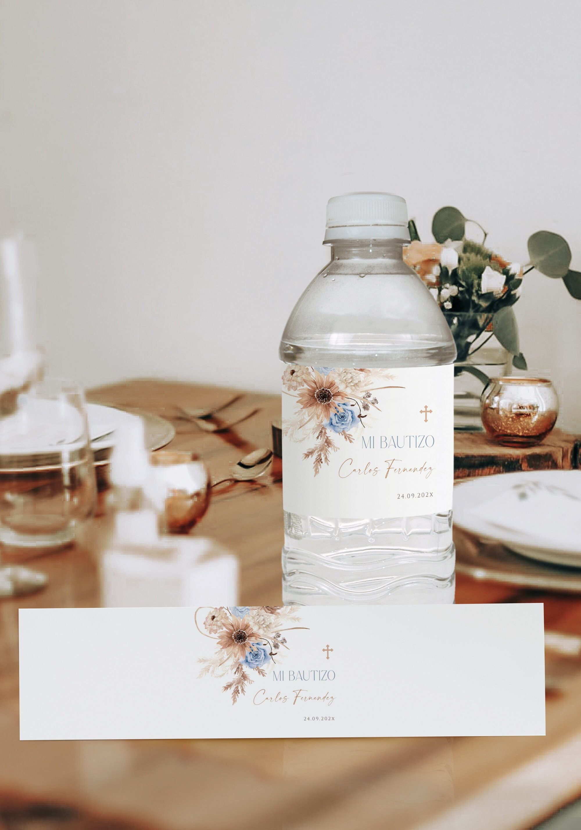 Water Bottle Labels Template With Blue Flowers Baptism in Spanish ...