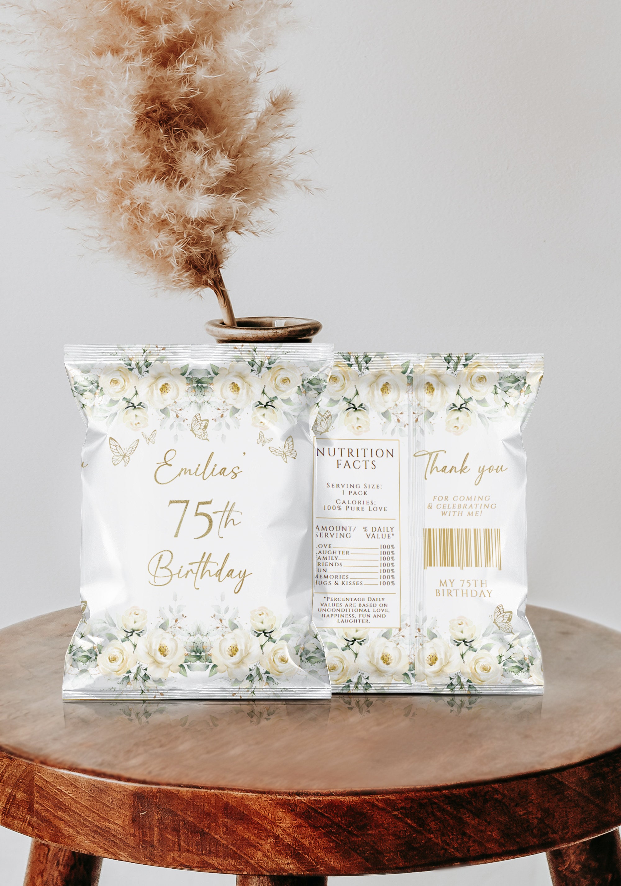 75th Birthday Chip Bag Template, Boho White Floral Chip Bag Wrappers ...