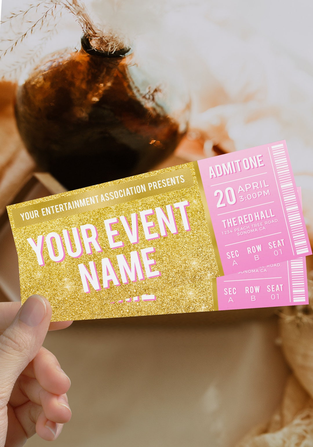 Editable Modern Pink Gold Surprise Ticket, Gift Events Certificate ...