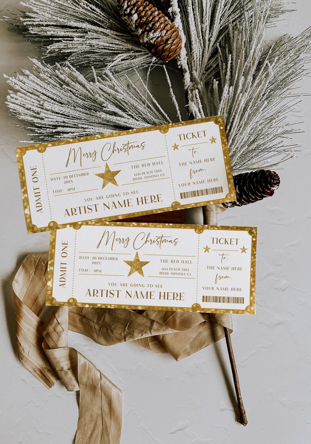 Christmas Gift Ticket, Gold Christmas Surprise Concert Ticket Printable ...