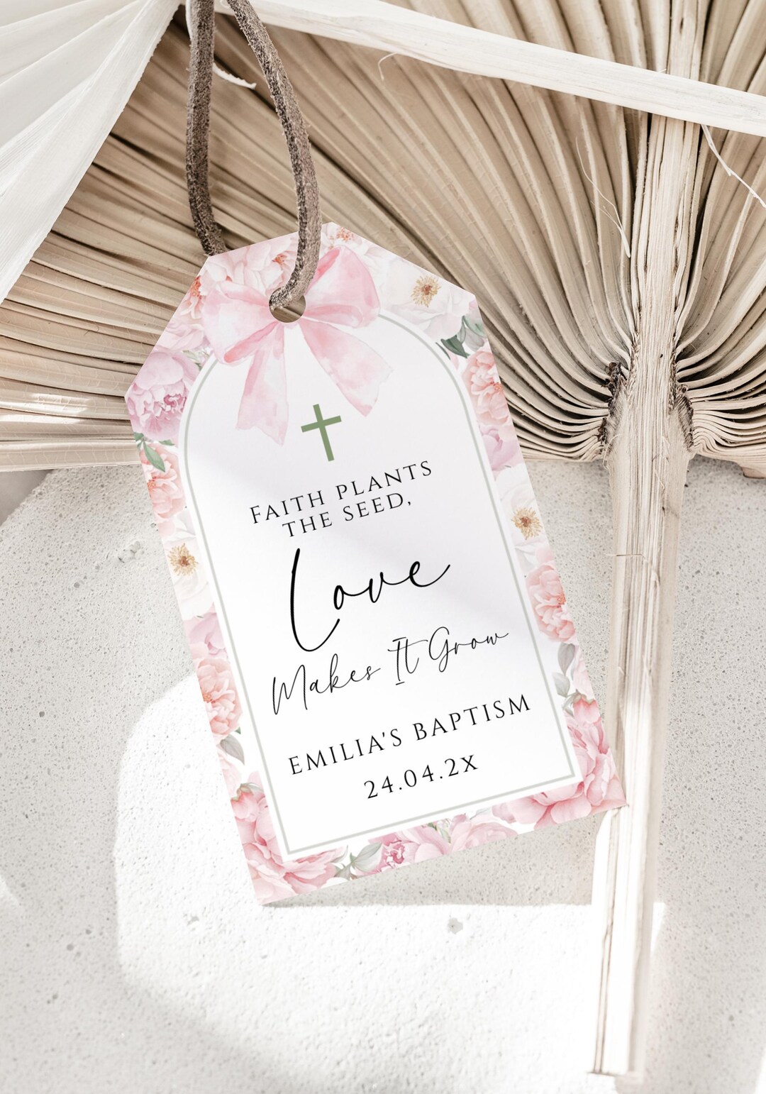 Faith Plants the Seed Tag Template, Pink Peonies and Bow Baptism Girl ...