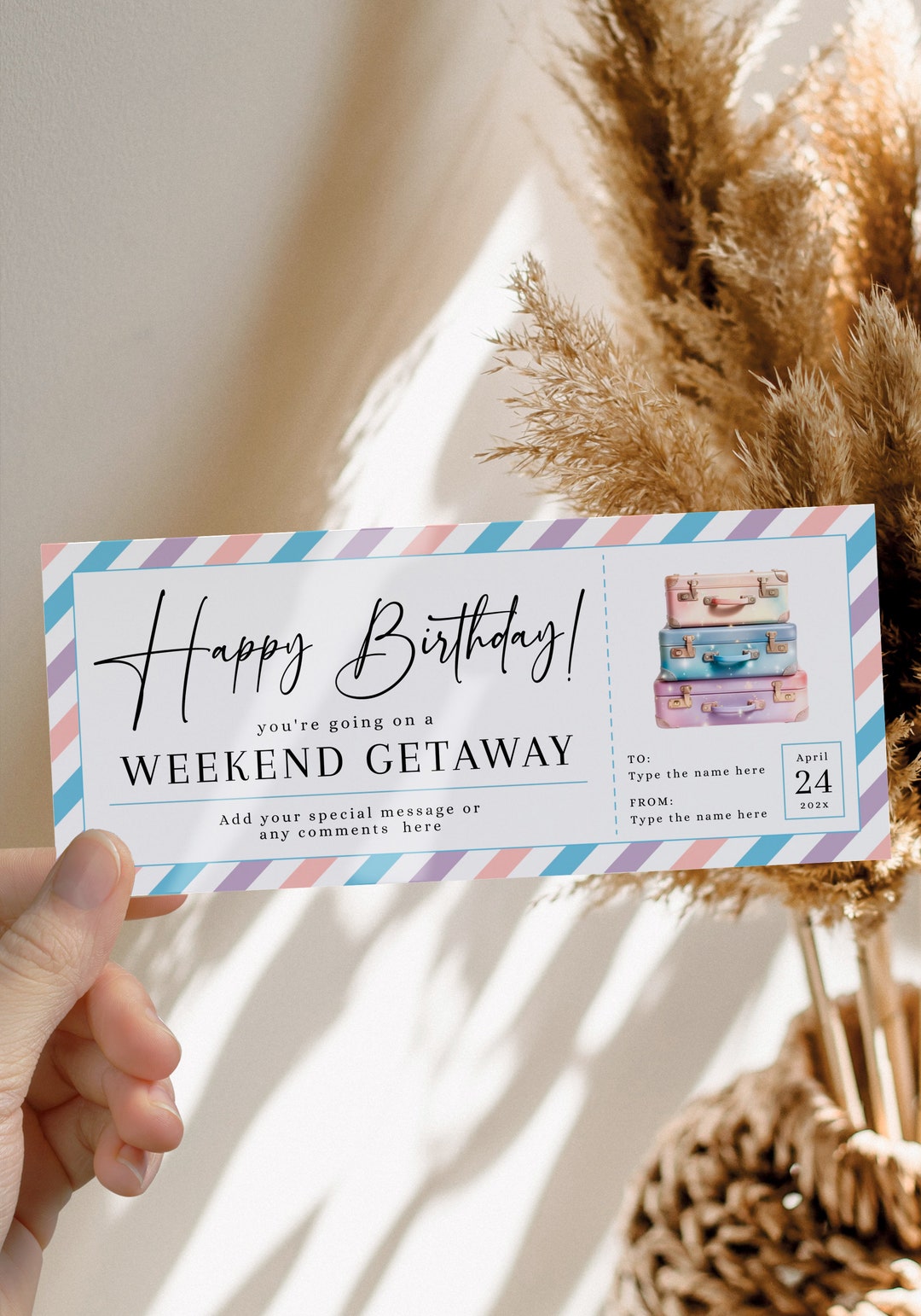 Weekend Getaway Birthday Trip Away Voucher, Editable Weekend Getaway ...