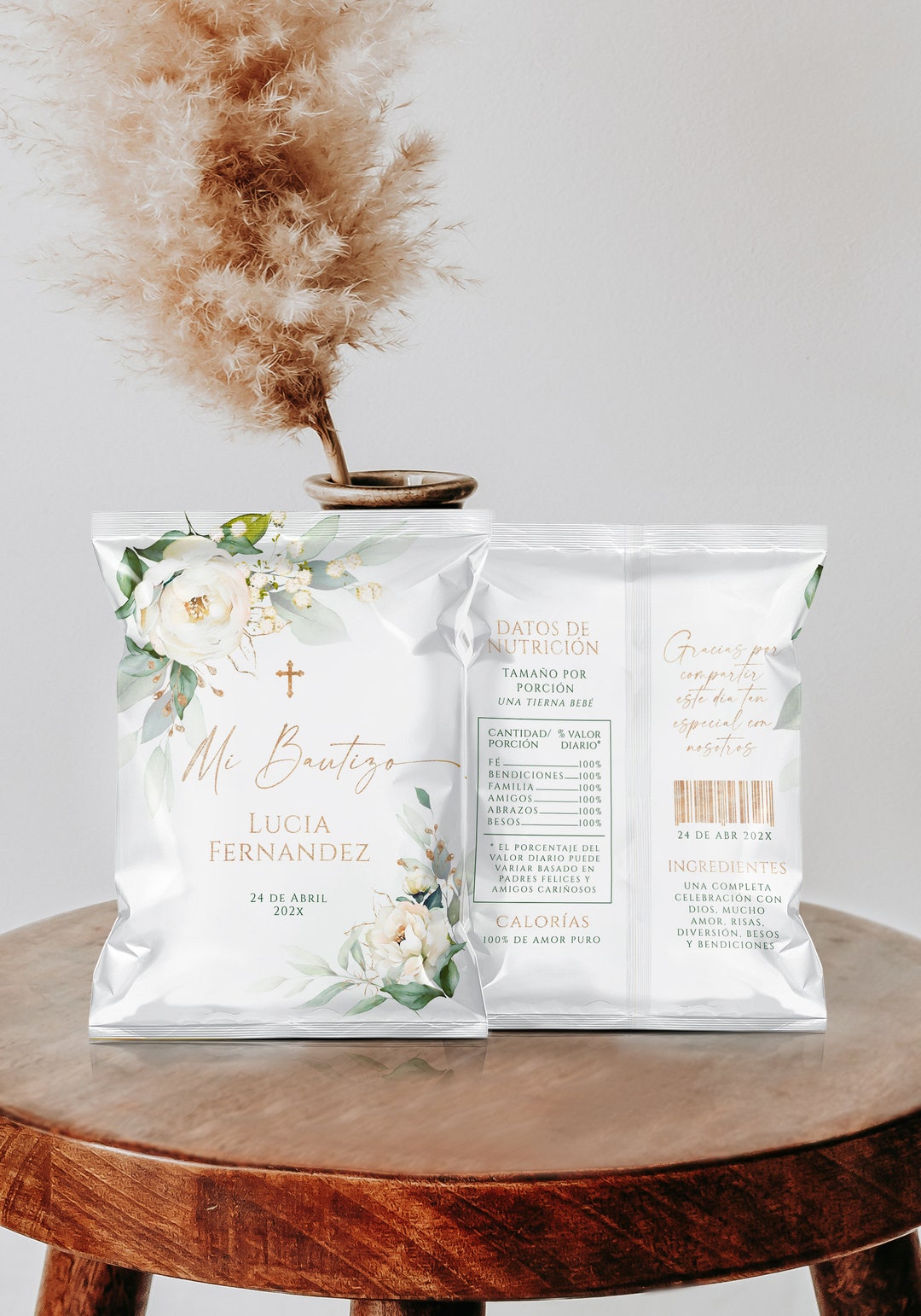 Gold Cross Bautizo Snacks Treat Bags Labels in Spanish, Spanish Chip ...
