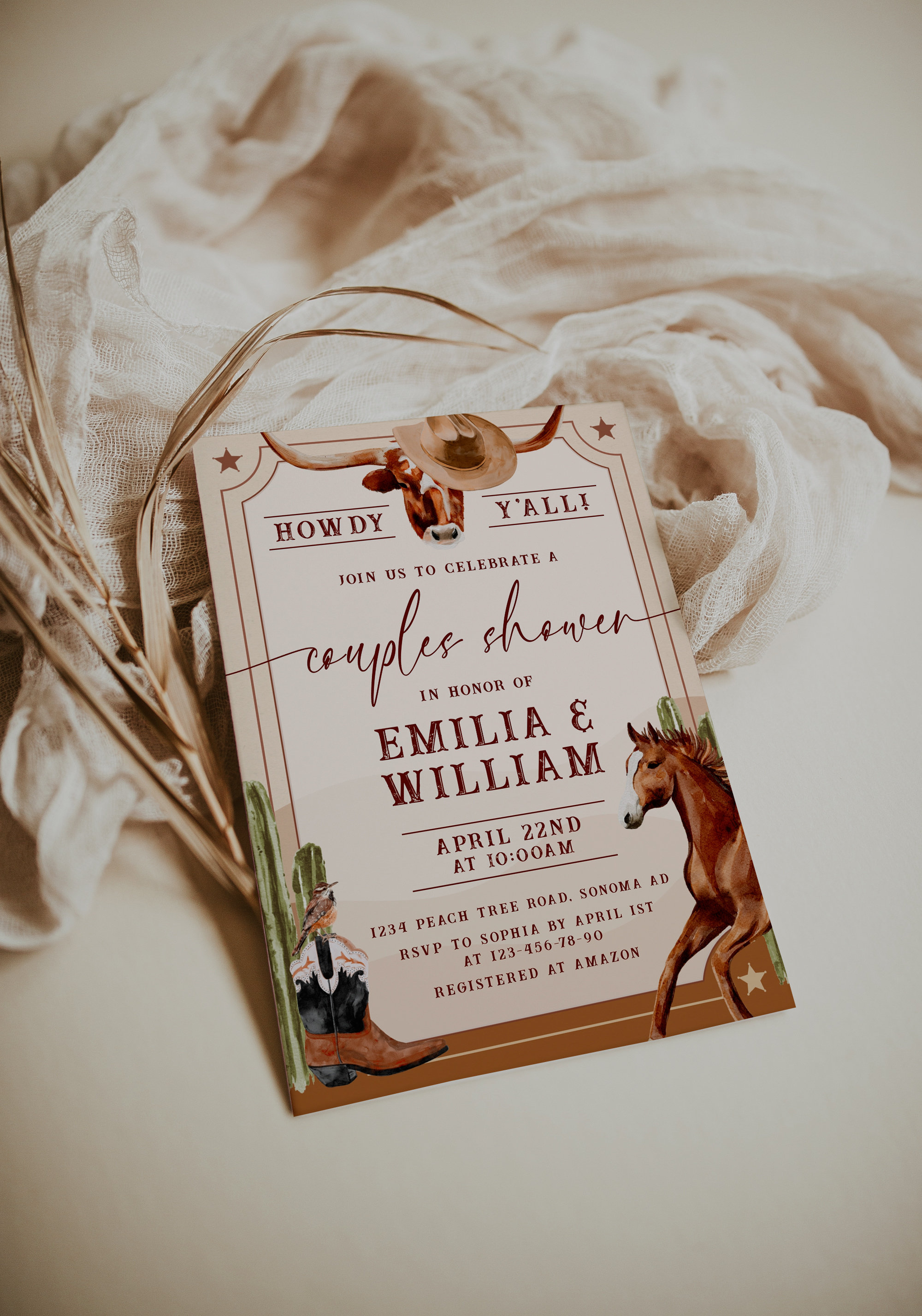 Cowgirl Boots and Hat Couples Shower Invitation Template, Country ...
