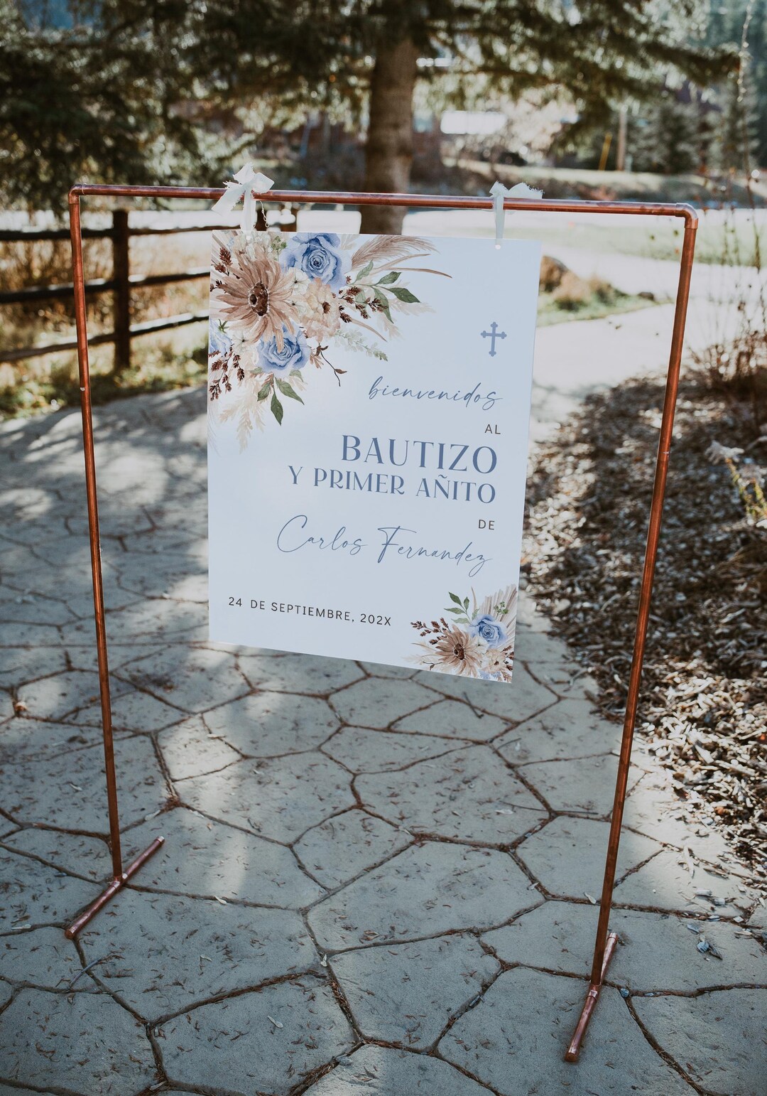 Boho Blue-beige Flowers Baptism & 1st Birthday Boy Welcome Sign Spanish ...