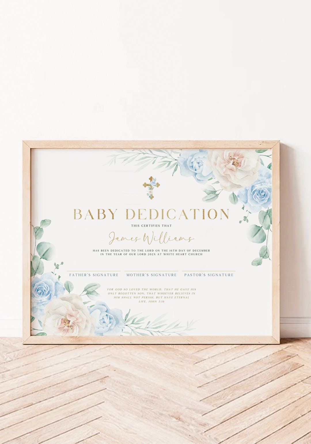 Baby Dedication Certificate Template, Gold Cross Blue Pink Roses ...