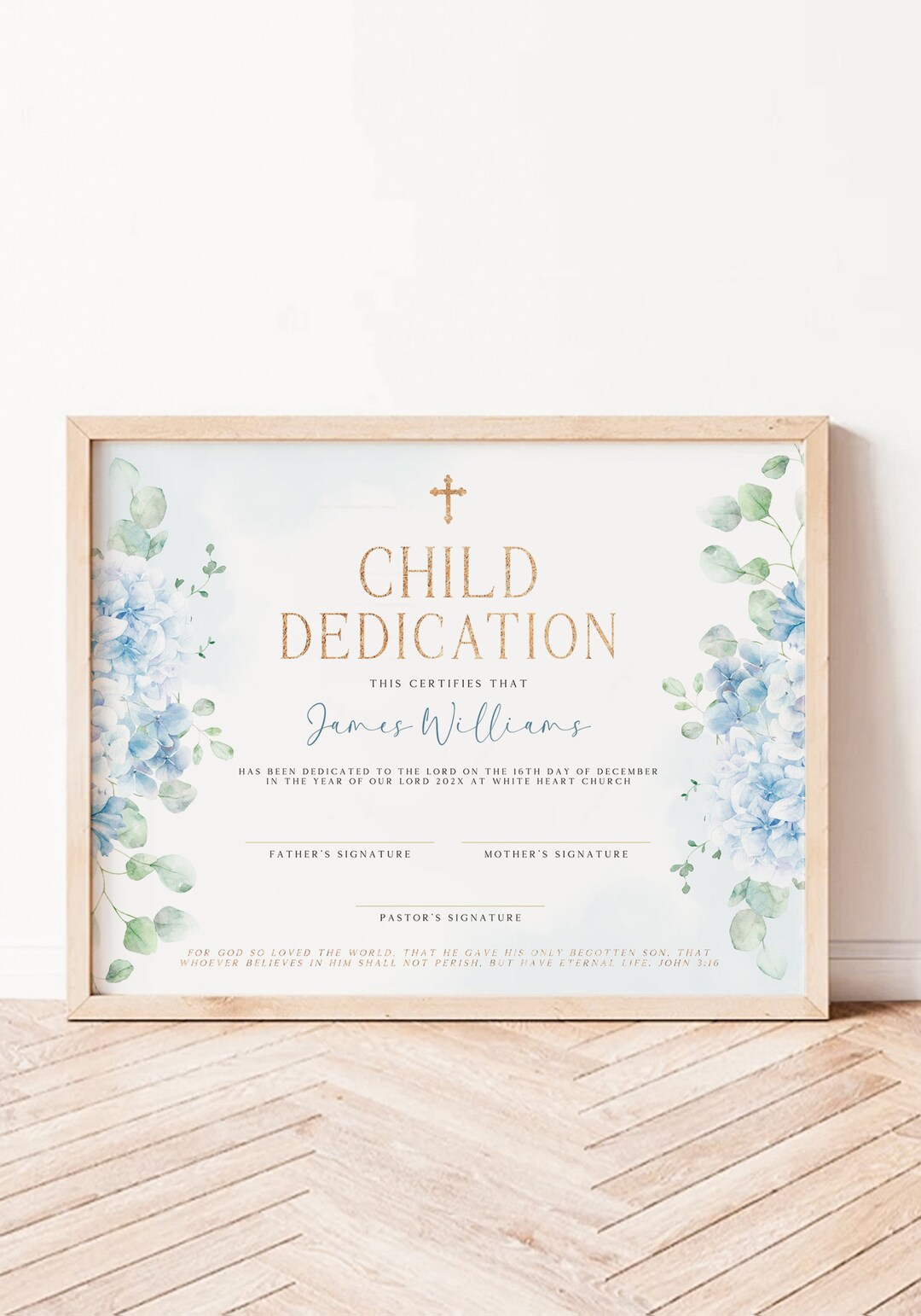 Child Dedication Certificate Printable, Blue Flowers & Golden Cross ...