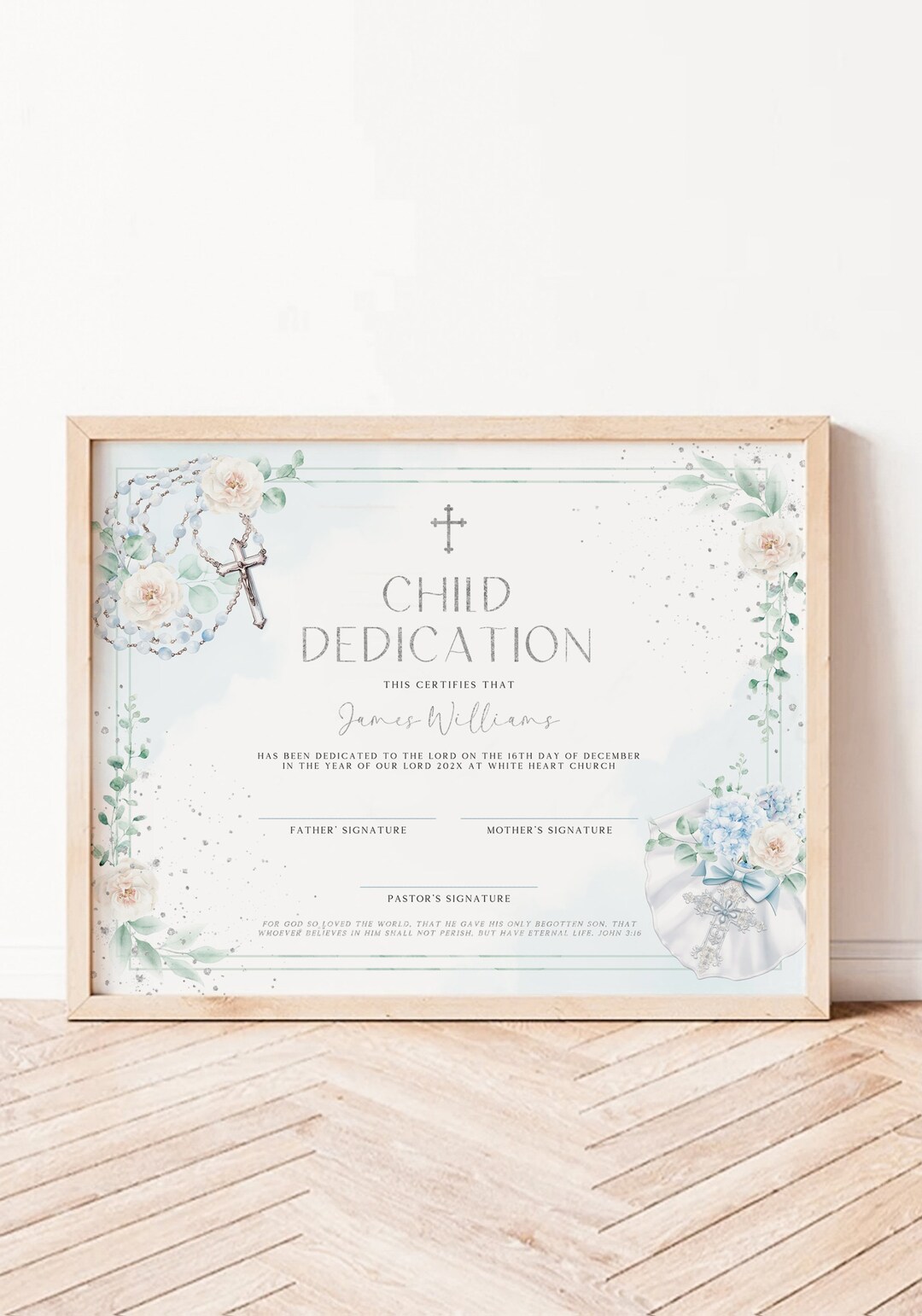 Editable Child Dedication Certificate for Boy: Silver Green Boho Decor ...