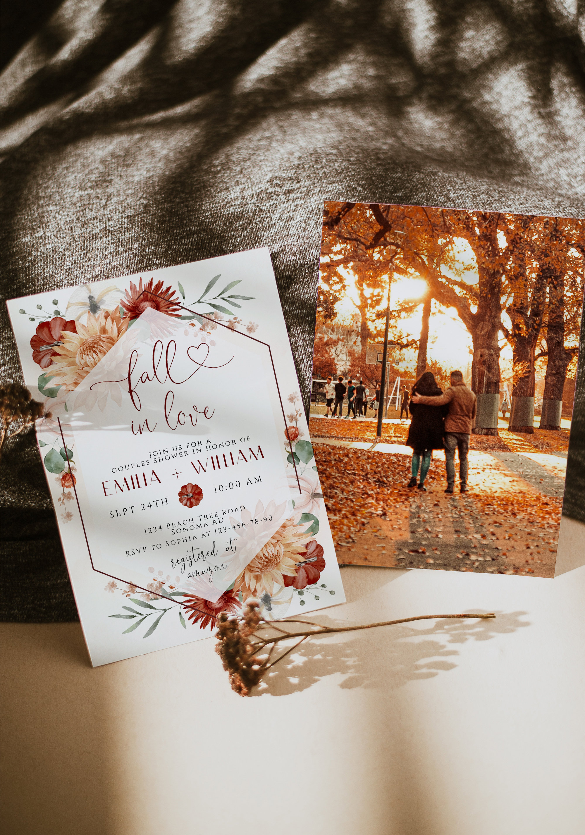 Fall in Love Bridal Party Invite, Autumn Burnt Orange Flowers Editable ...