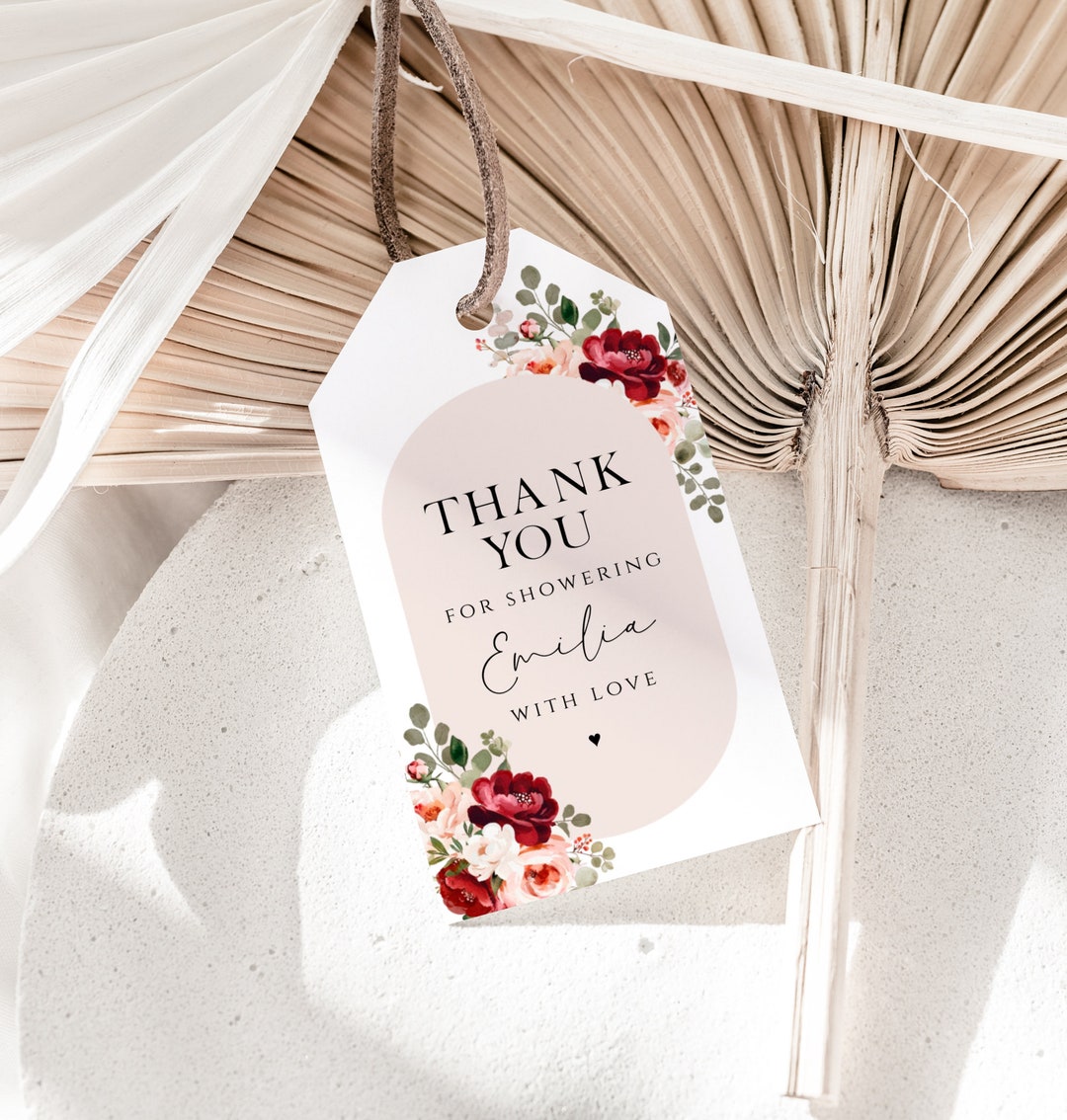 Editable Burgundy Arch Boho Floral Bridal Shower Favor Tag, Autumn ...