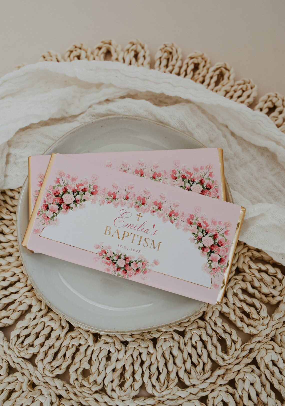 Editable Blush Floral Chocolate Wrapper, Pink Gold Chocolate Bar ...