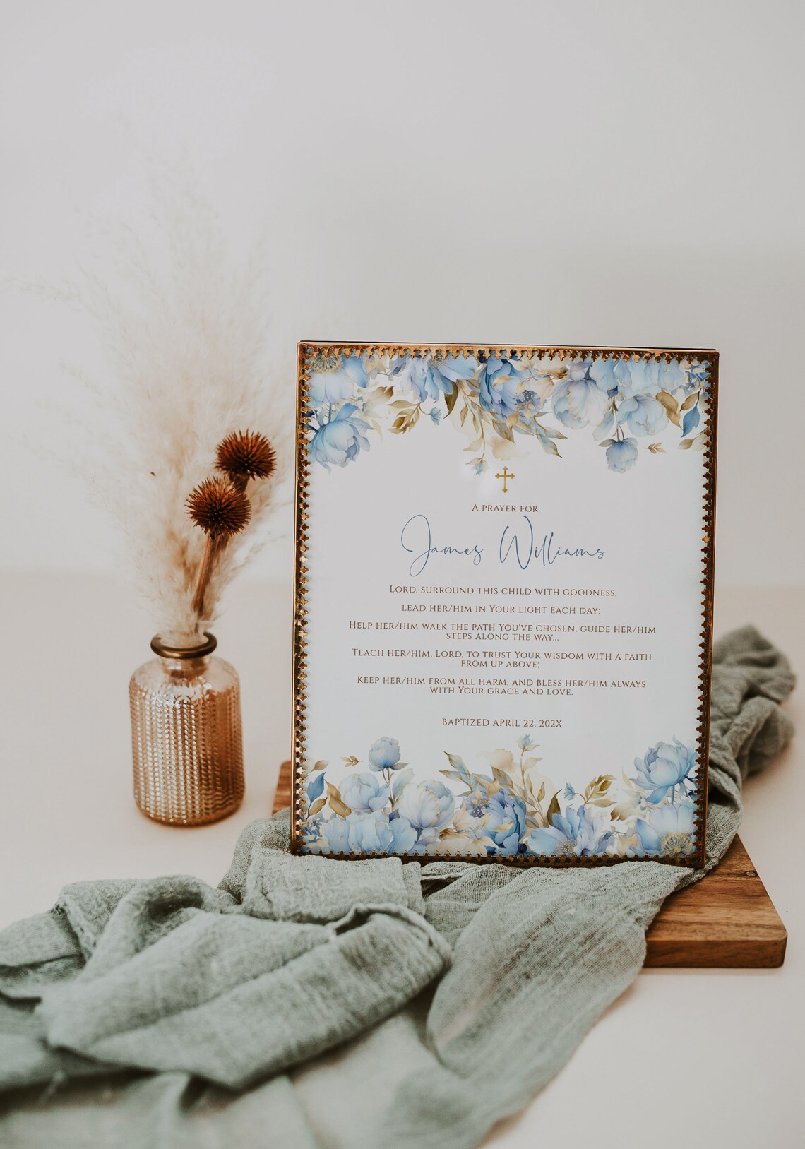 Personalized Baptism Sign Printable, Blue Watercolor Flowers Baptism ...