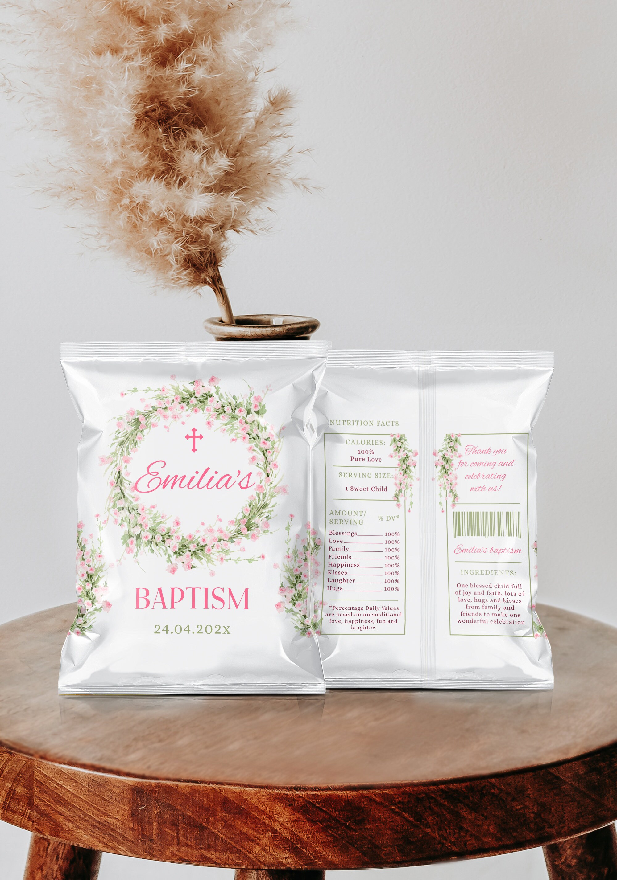 Pink Flowers Chip Bag Template, Garden Roses Greenery Wreath, Chip Bag ...