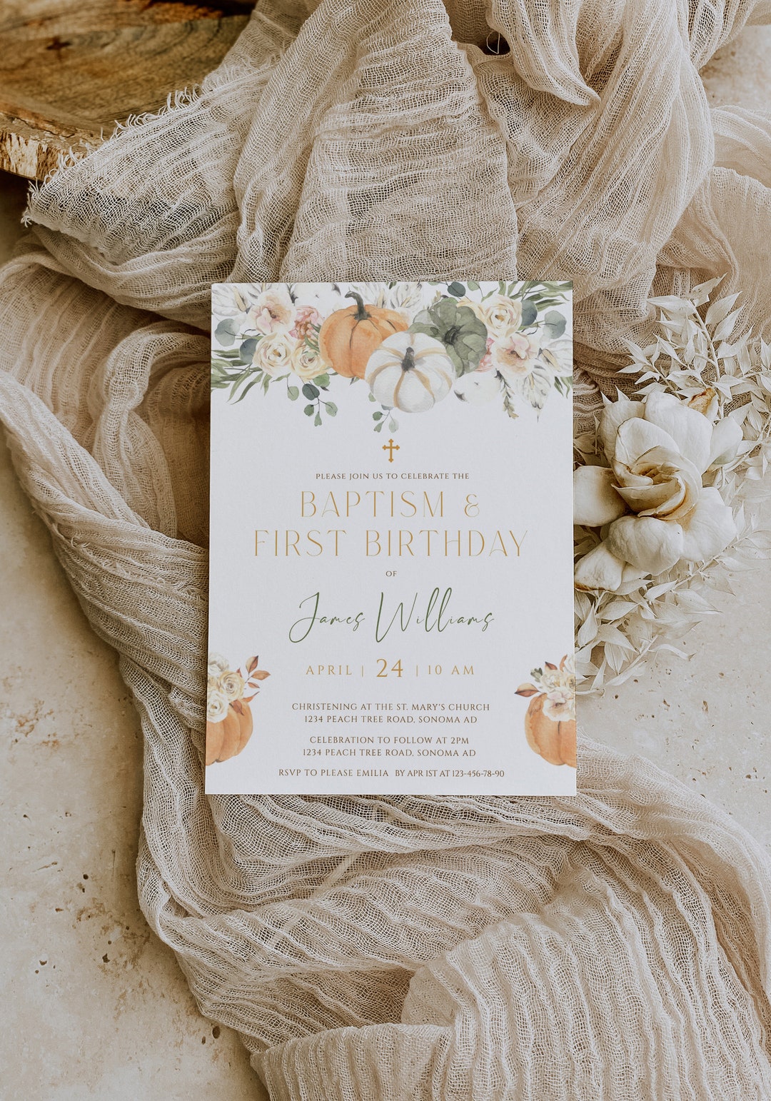 Editable Modern Autumn Baptism and First Birthday Invitation With ...