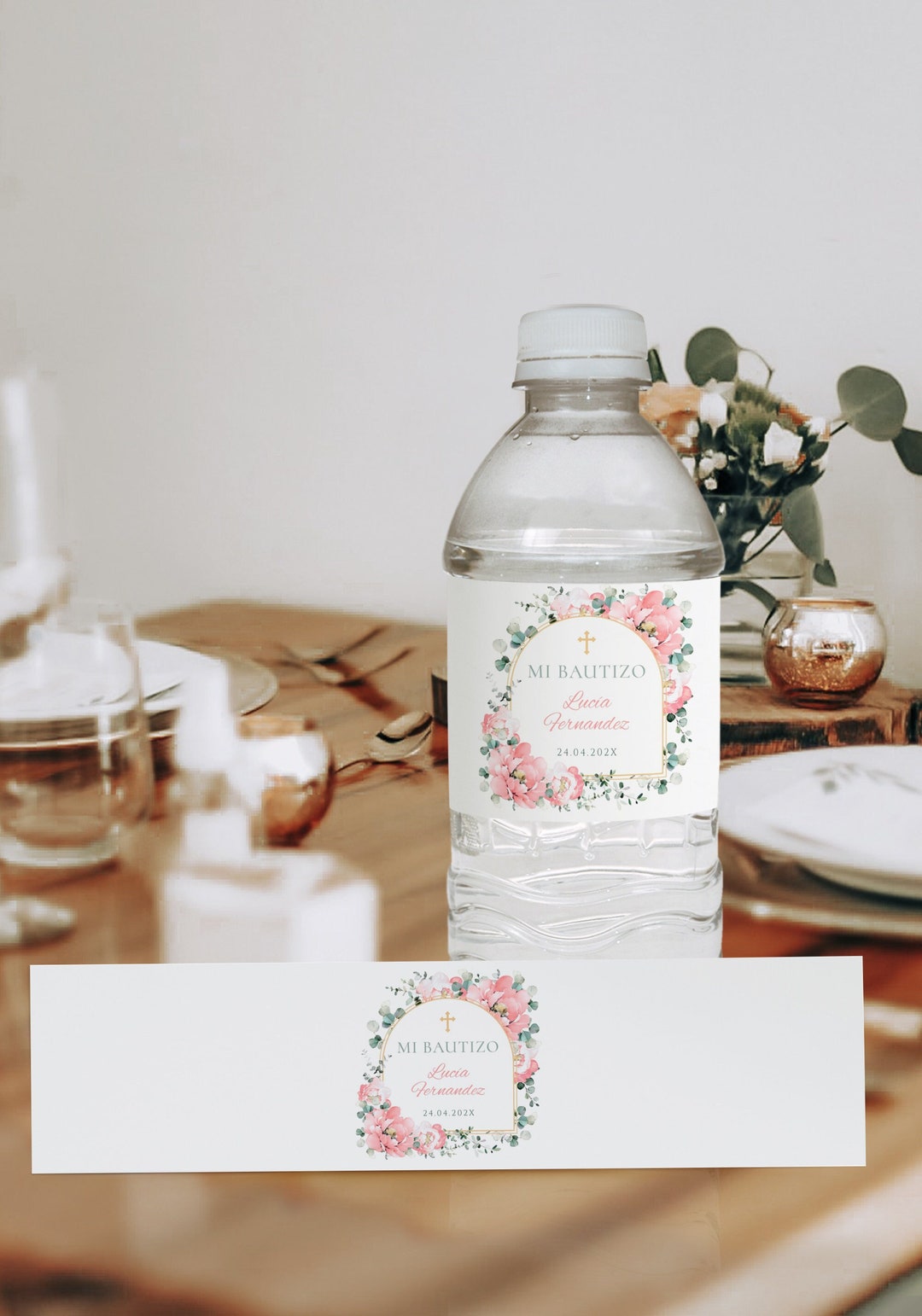 Water Bottle Labels for Girl Baptism With Blush Pink Floral Editable ...