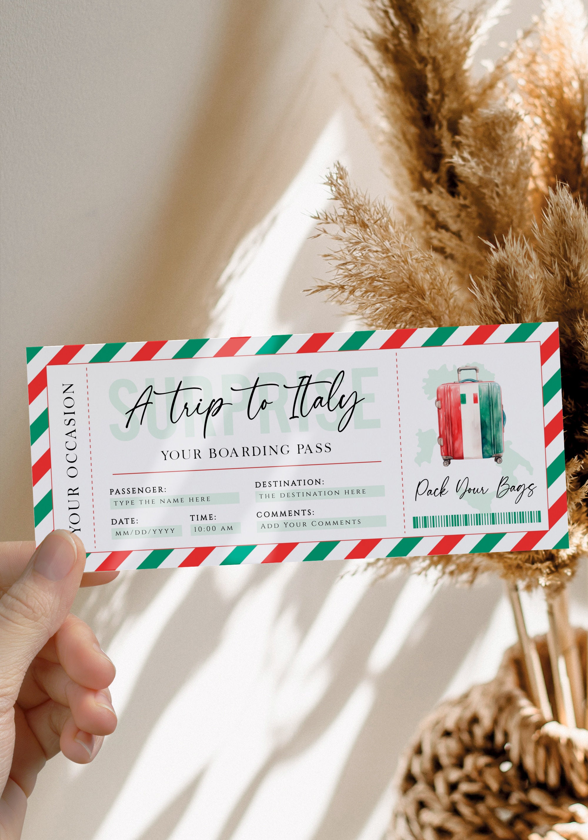 Holiday Gift Boarding Pass Printable, Gift Ticket a Trip to Italy ...