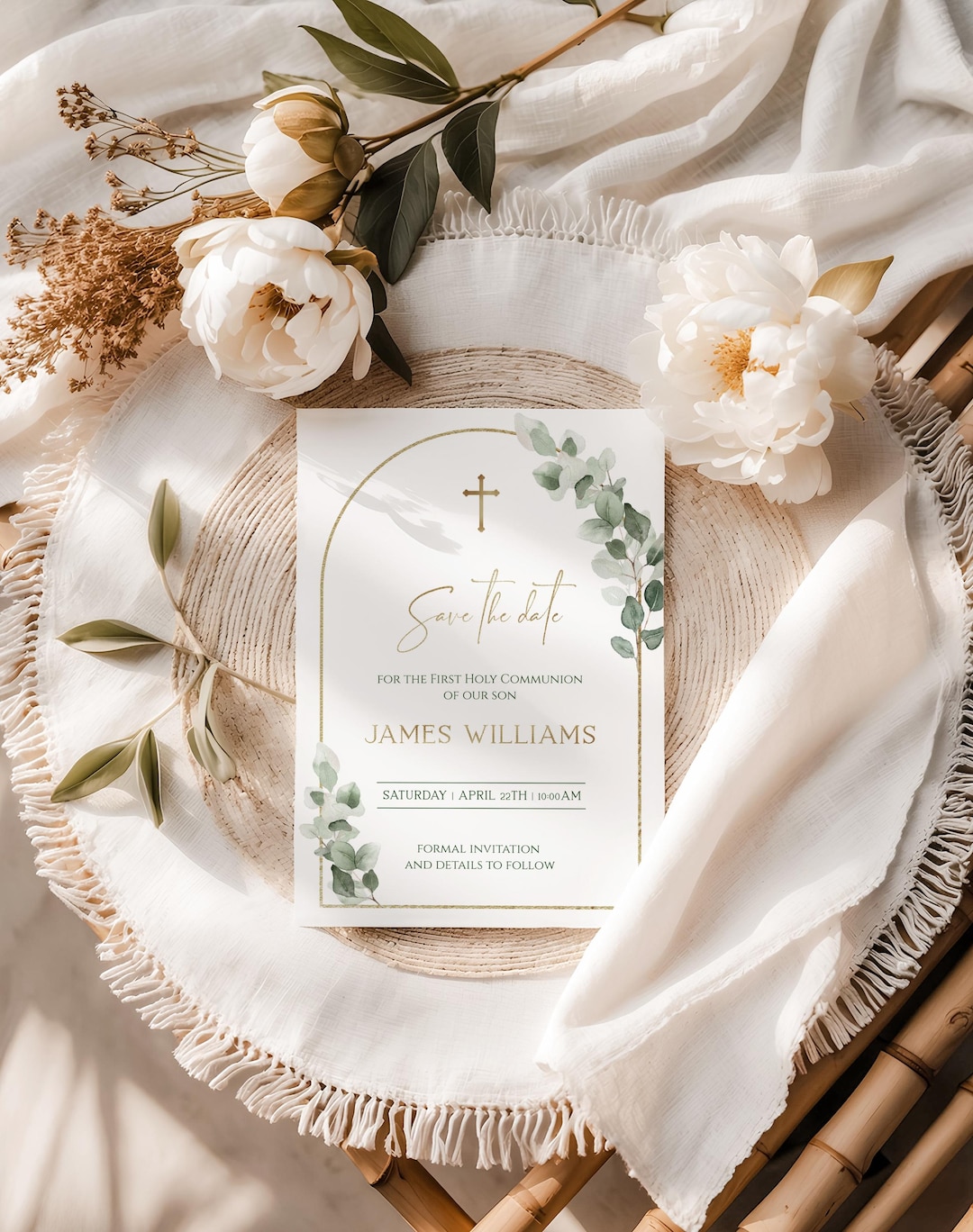 Green Gold Save the Date 1st Communion Invitation Printable, Eucalyptus ...