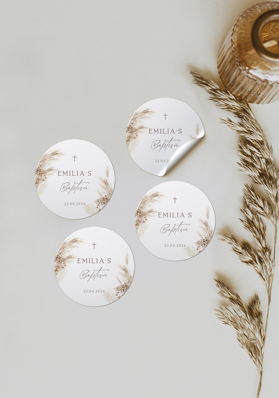Editable Minimalistic Round Christening Stickers, Boho Pampas Grass ...
