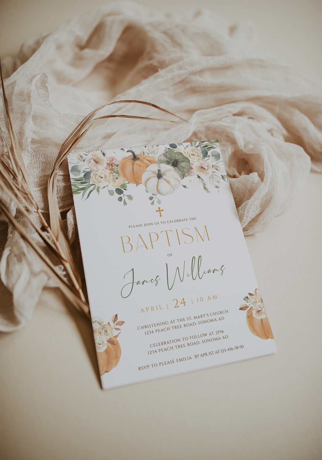 Editable Modern Autumn Baptism Invitation With Pumpkins, Fall Baptism ...