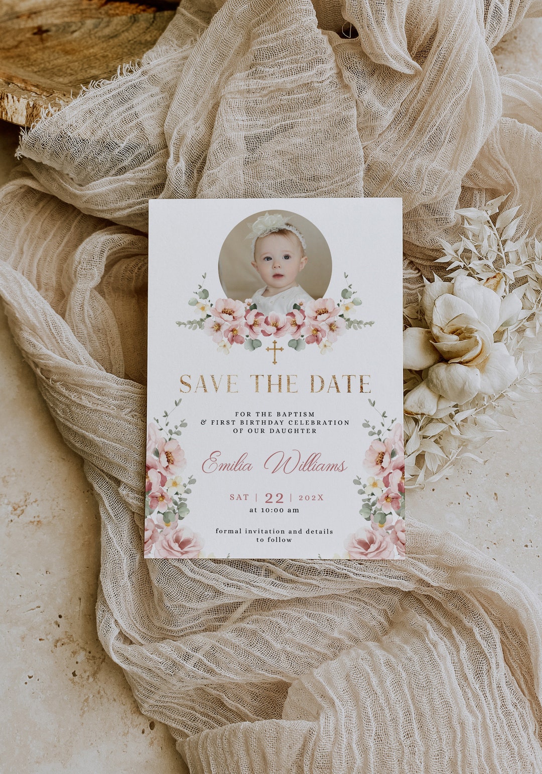 Save the Date Baptism & 1st Birthday Girl With Photo Template, Boho ...