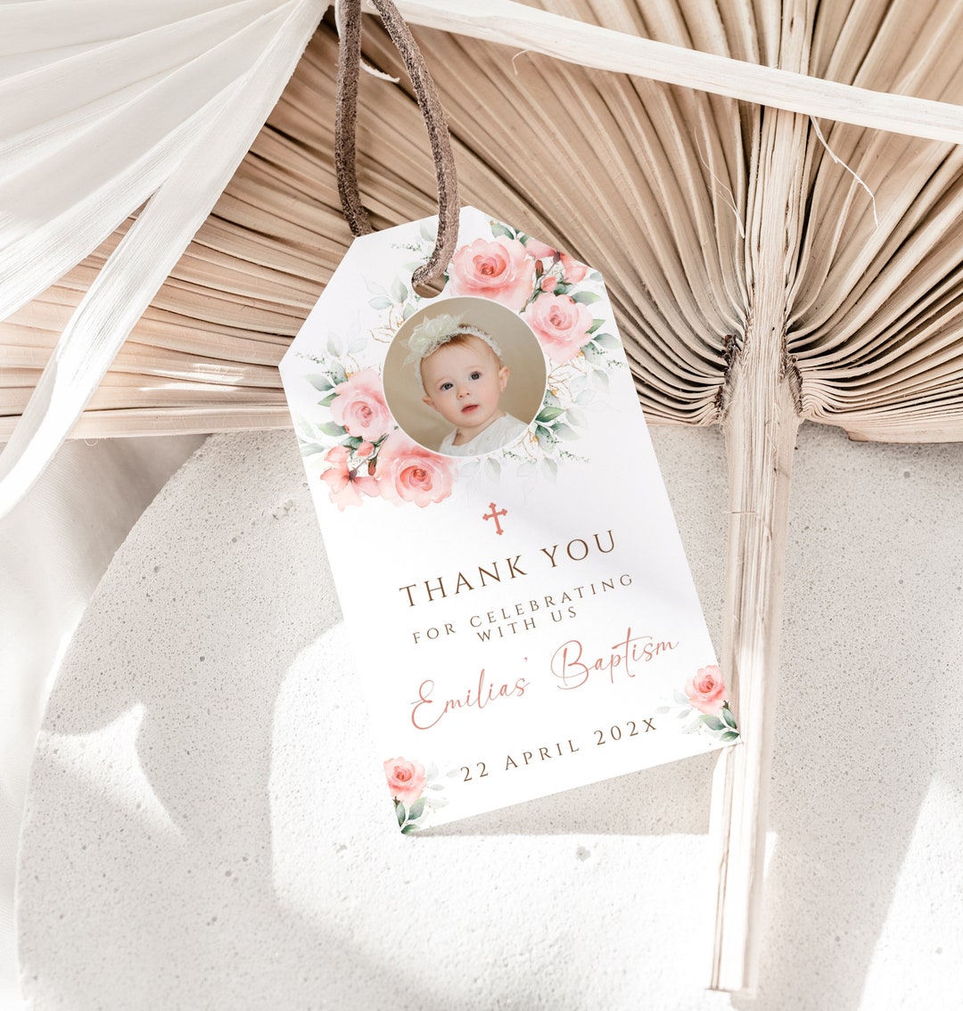 Baptism Pink Flowers Thank You Tags Template, Boho Favor Tag, Gift Tags ...