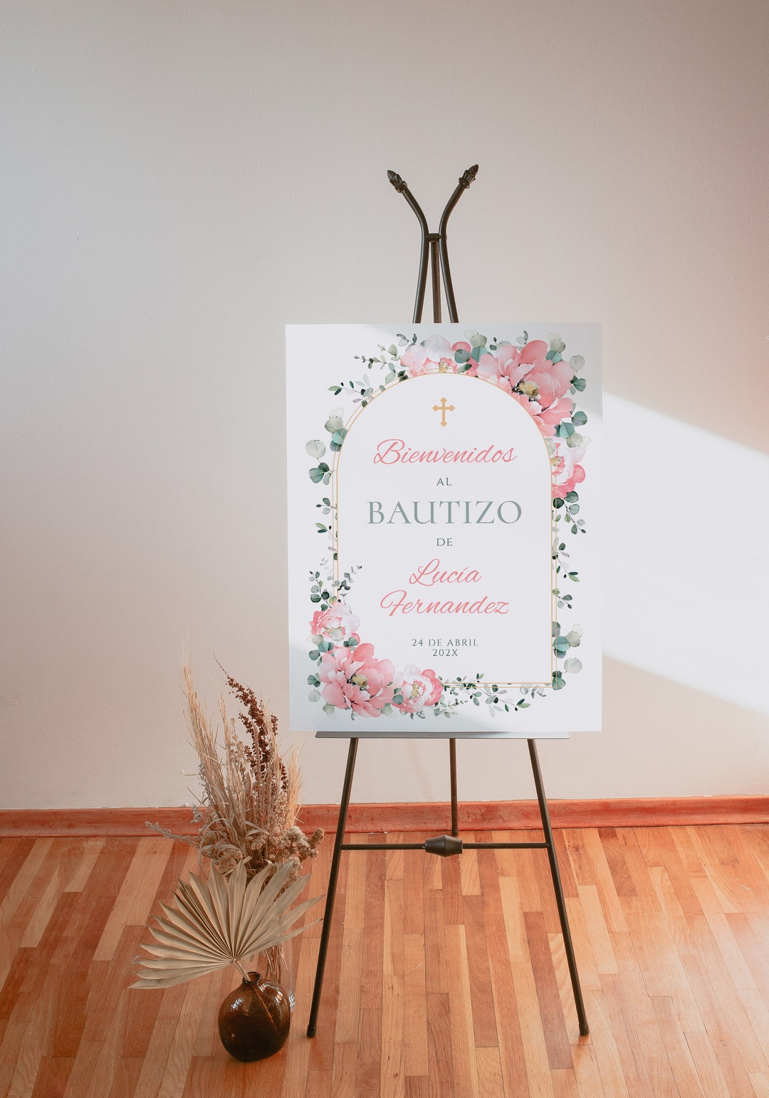 Bohemian Blush Pink Floral Baptism Welcome Banner Printable in Spanish ...