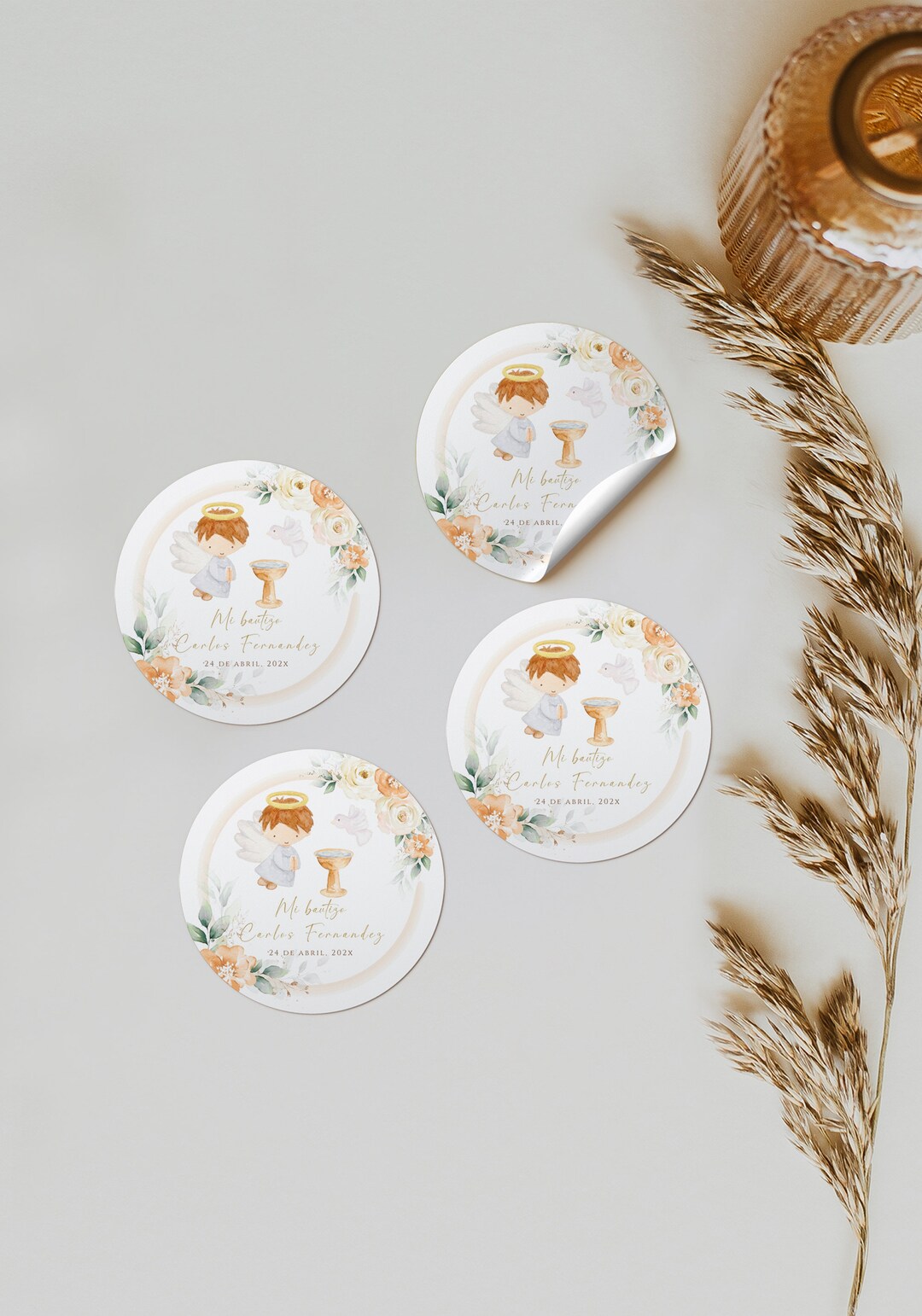Baptism Boy Gift Stickers With Little Angel Spanish Printable, Orange ...