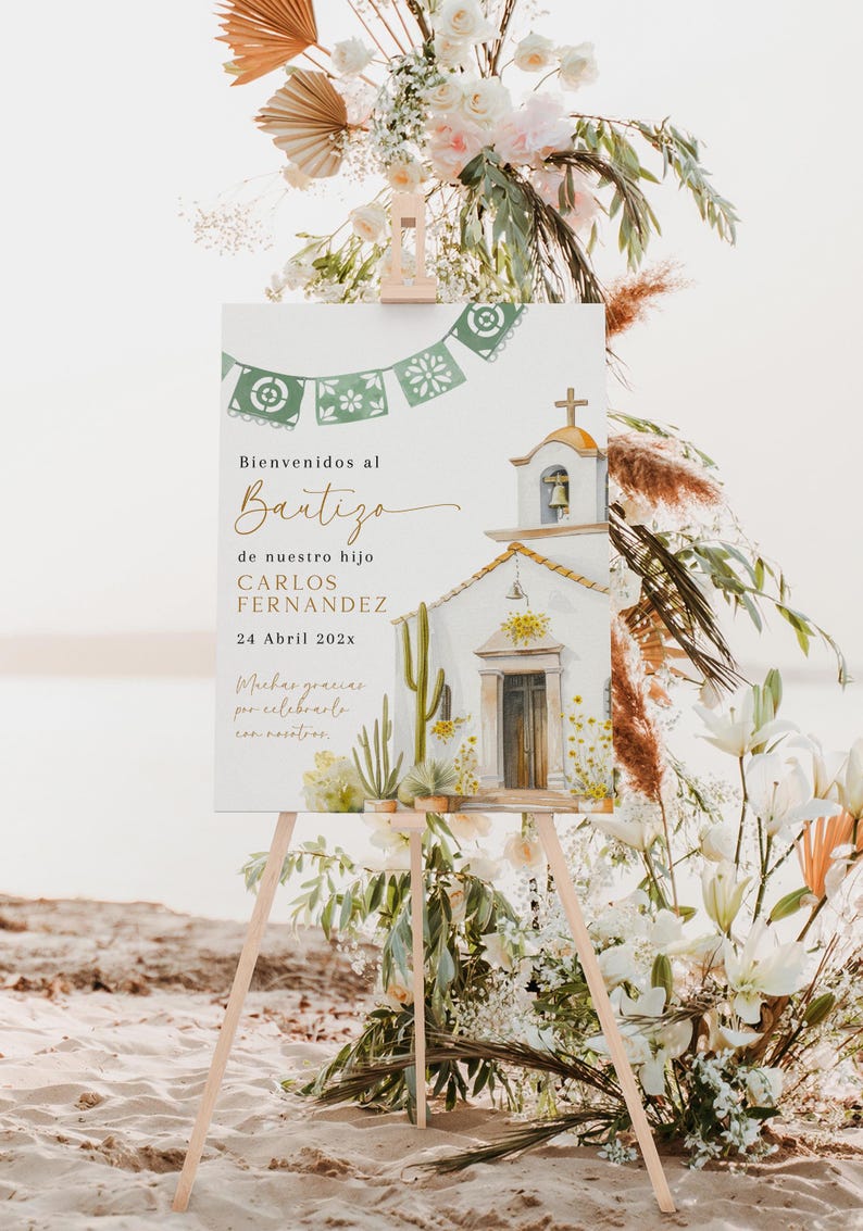 Mexican Theme for Baptism Boy Green Boho Spanish Editable Welcome Sign ...