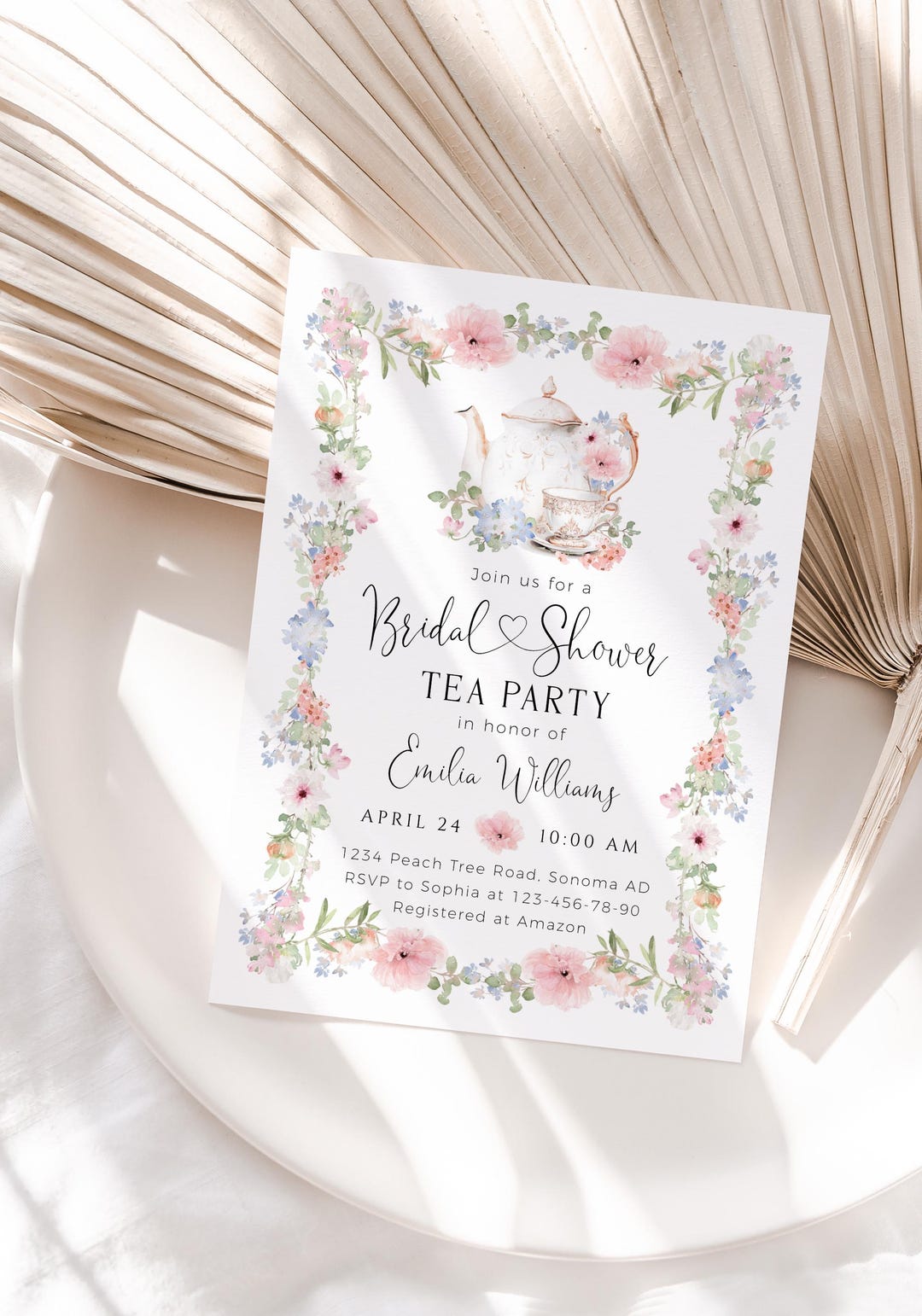 Tea Party Bridal Shower Rustic Invitation Template, Pink Blue ...