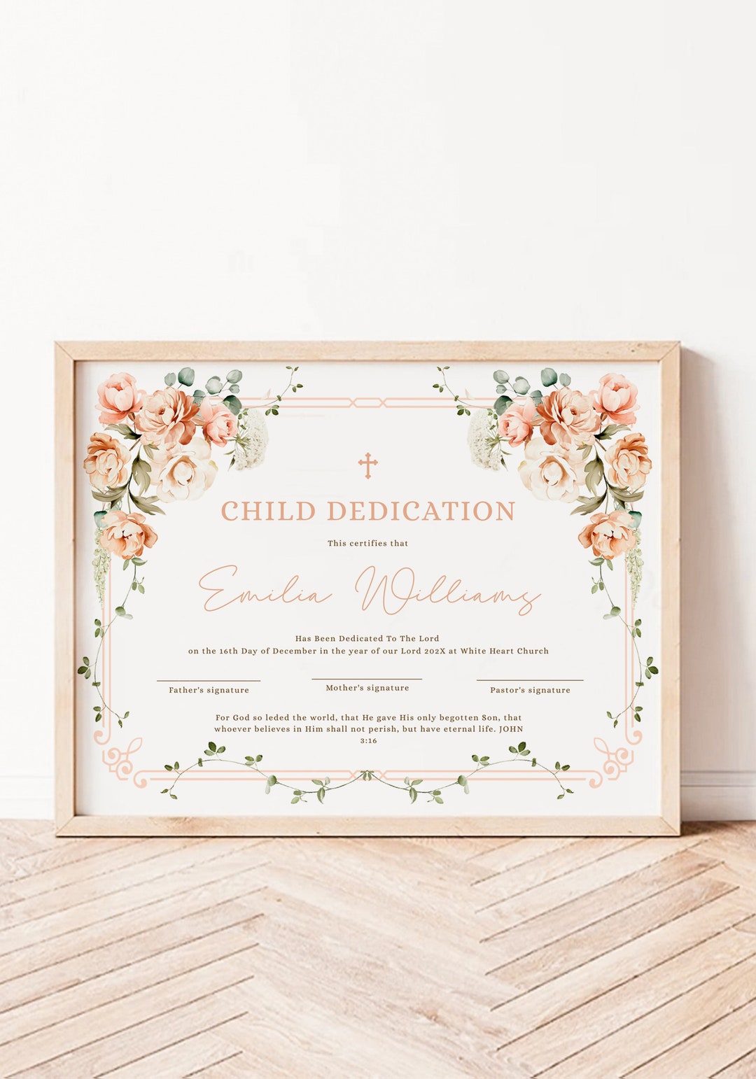 Dedication Certificate Baptism, Beige Pink Flowers Church Certificate ...
