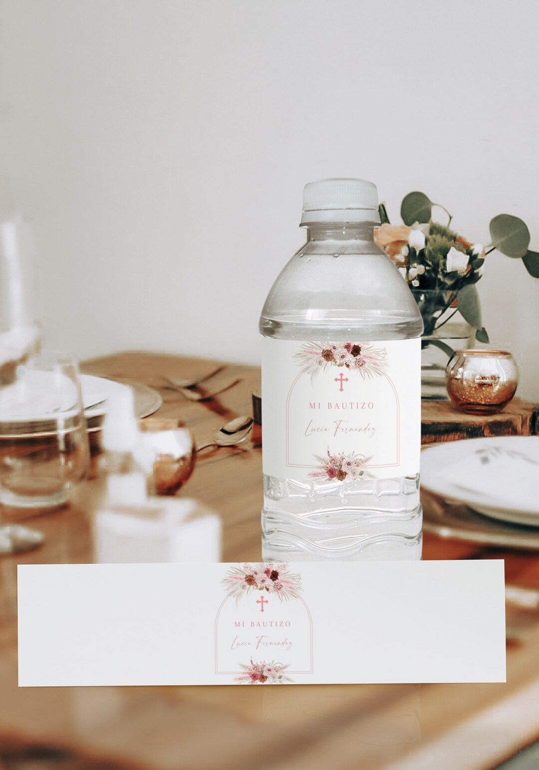 Water Bottle Labels With Boho Pampas Grass & Pink Flowers Baptism ...