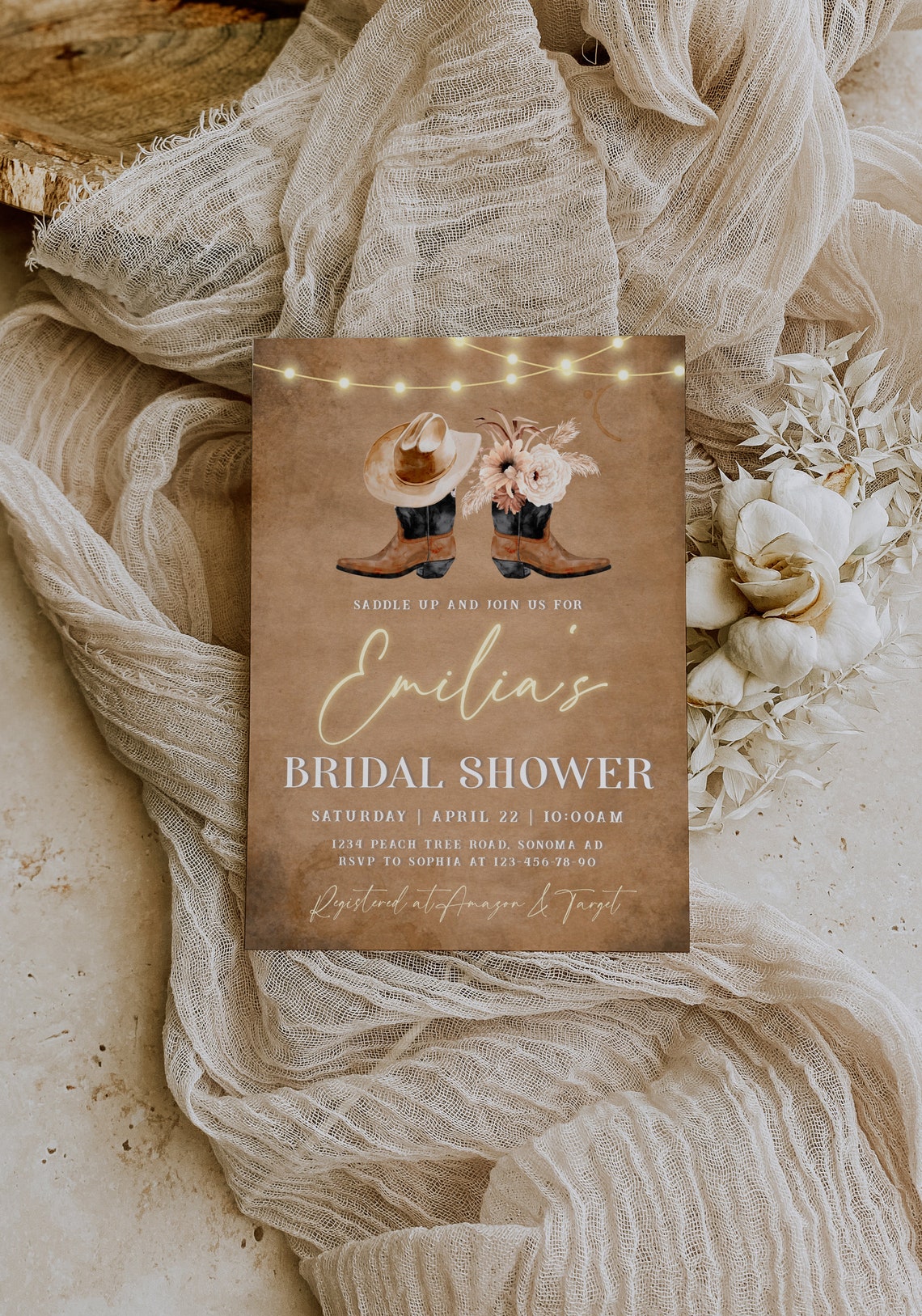 Country Western Bridal Shower Invitation Template, Pampas Floral ...