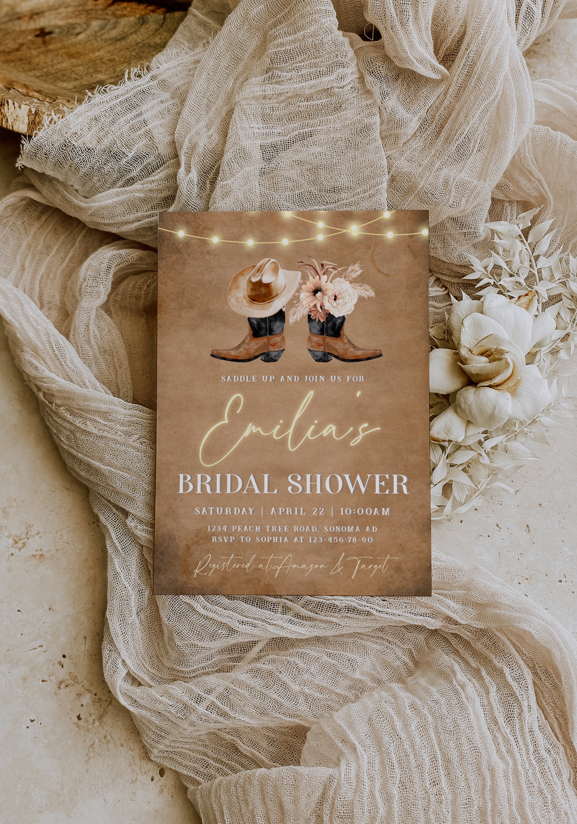 Country Western Bridal Shower Invitation Template, Pampas Floral ...