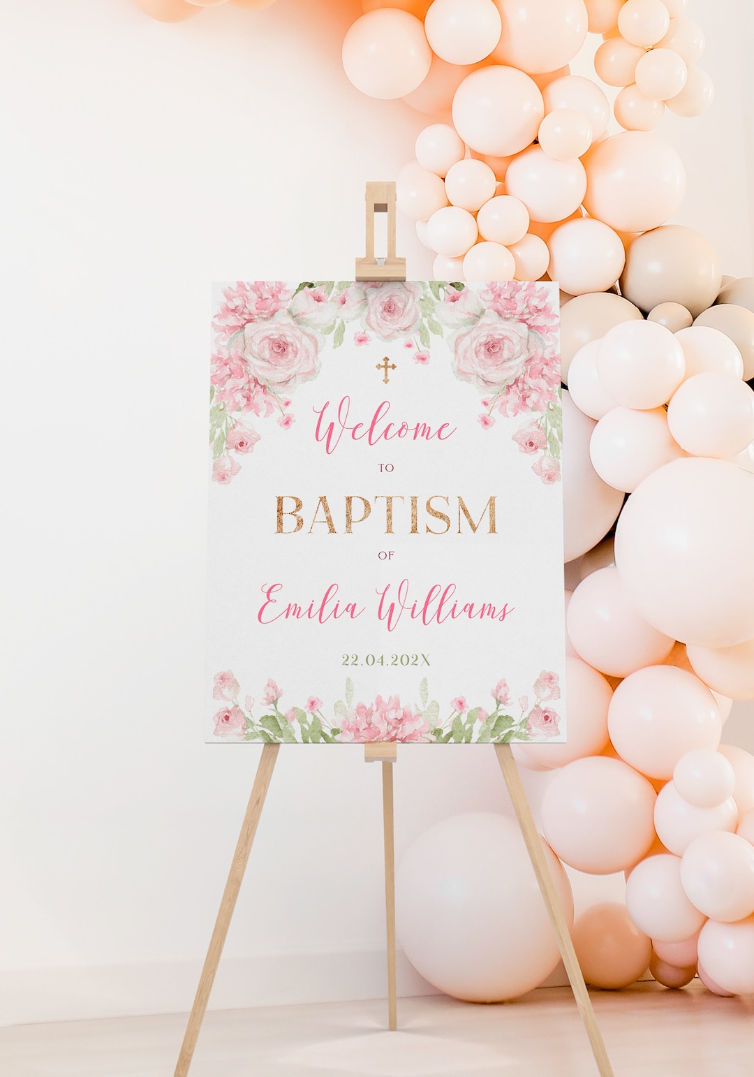 Girl Baptism Welcome Sign Printable, Blush Pink Watercolor Flowers ...